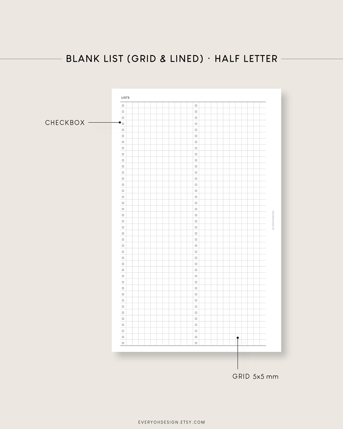 Blank Lists Grid & Lined Half-letter Printable Planner | Minimalist ...
