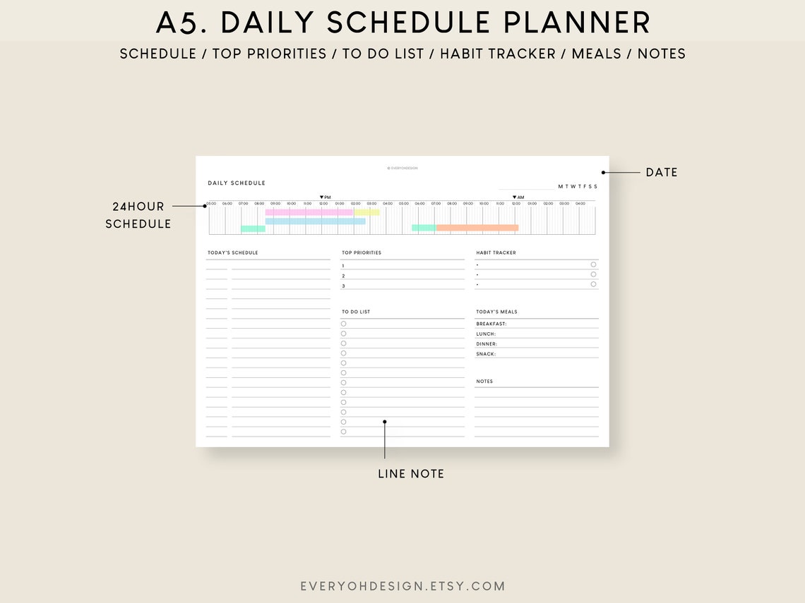 Daily Schedule Planner A5 Printable Insert 24 Hour Timetable Daily Log ...