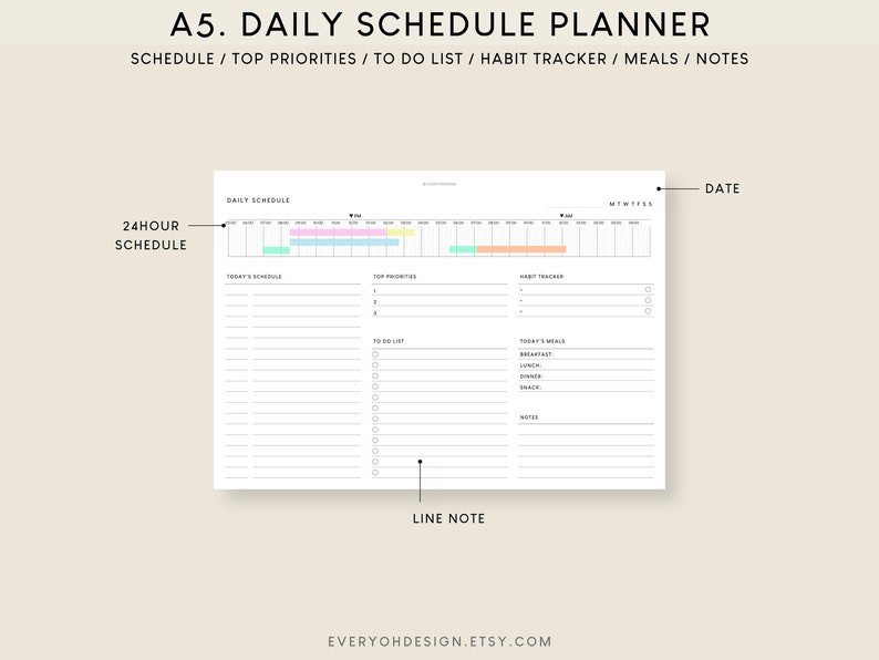 Daily Schedule Planner A5 Printable Insert 24 Hour Timetable Daily Log ...