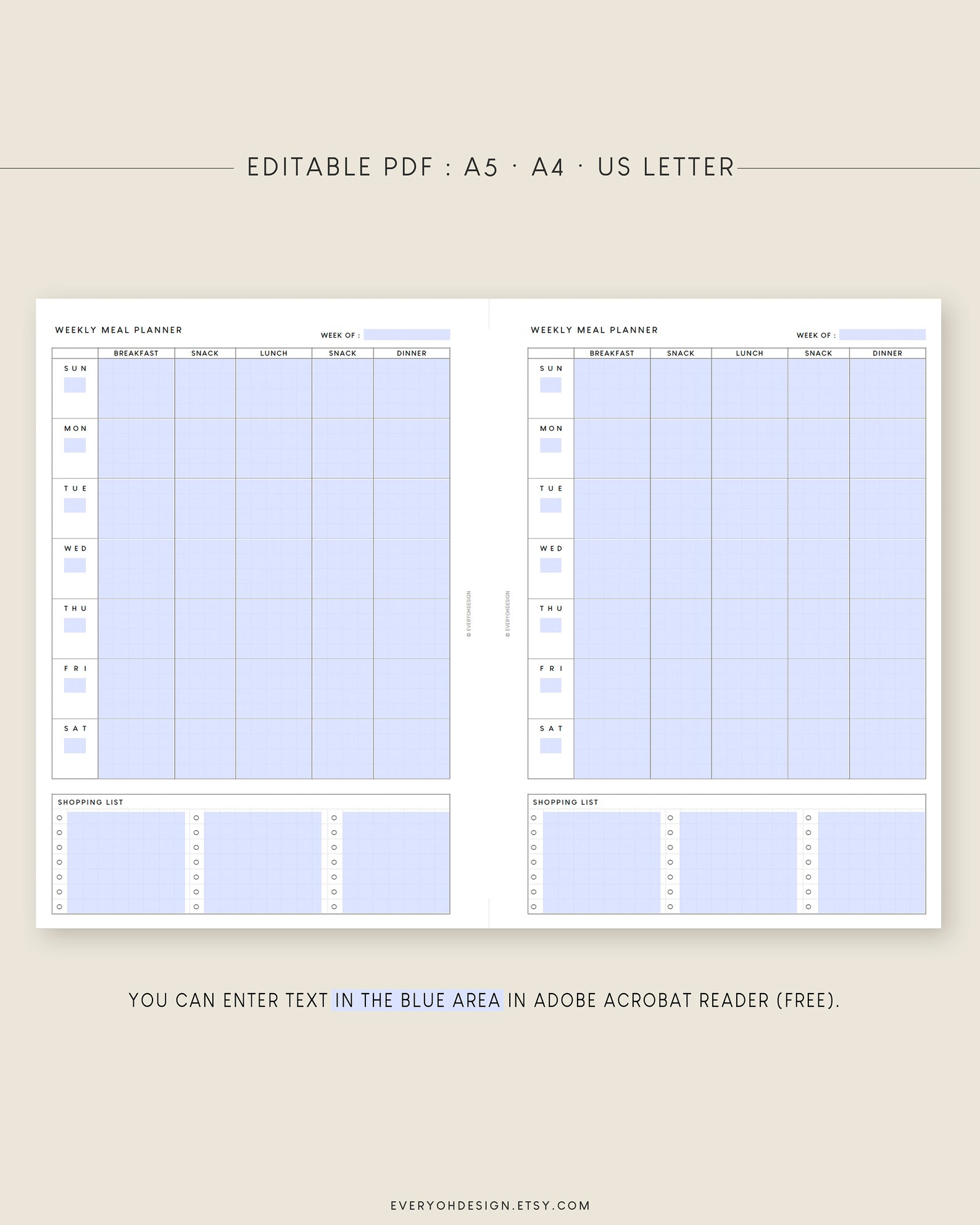 Weekly Meal Grid A5 Planner Insert Grocery Shopping List Printable Menu ...