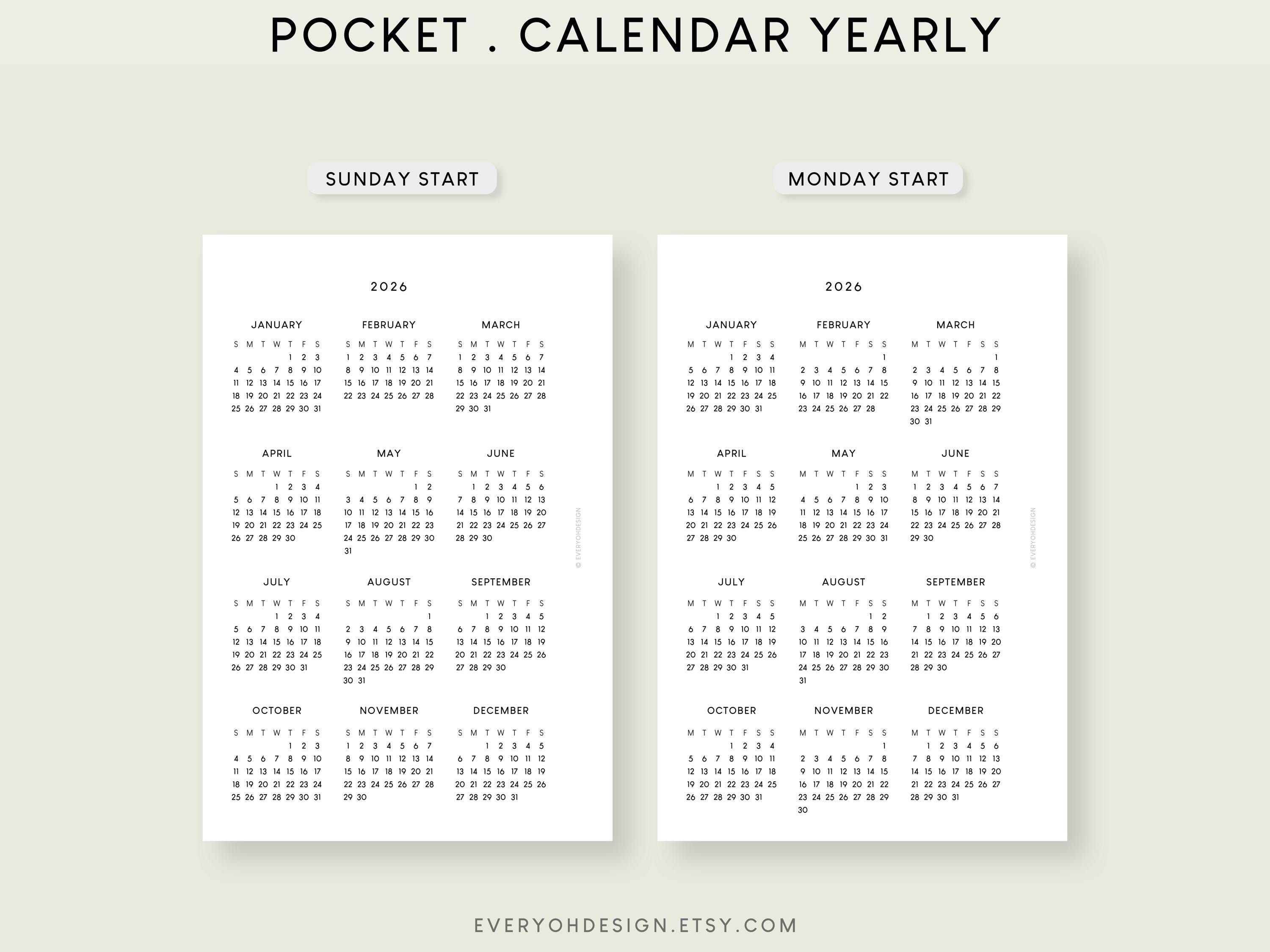 2026 Pocket Calendar Printable Inserts: Yearly Planner (PDF) - Etsy