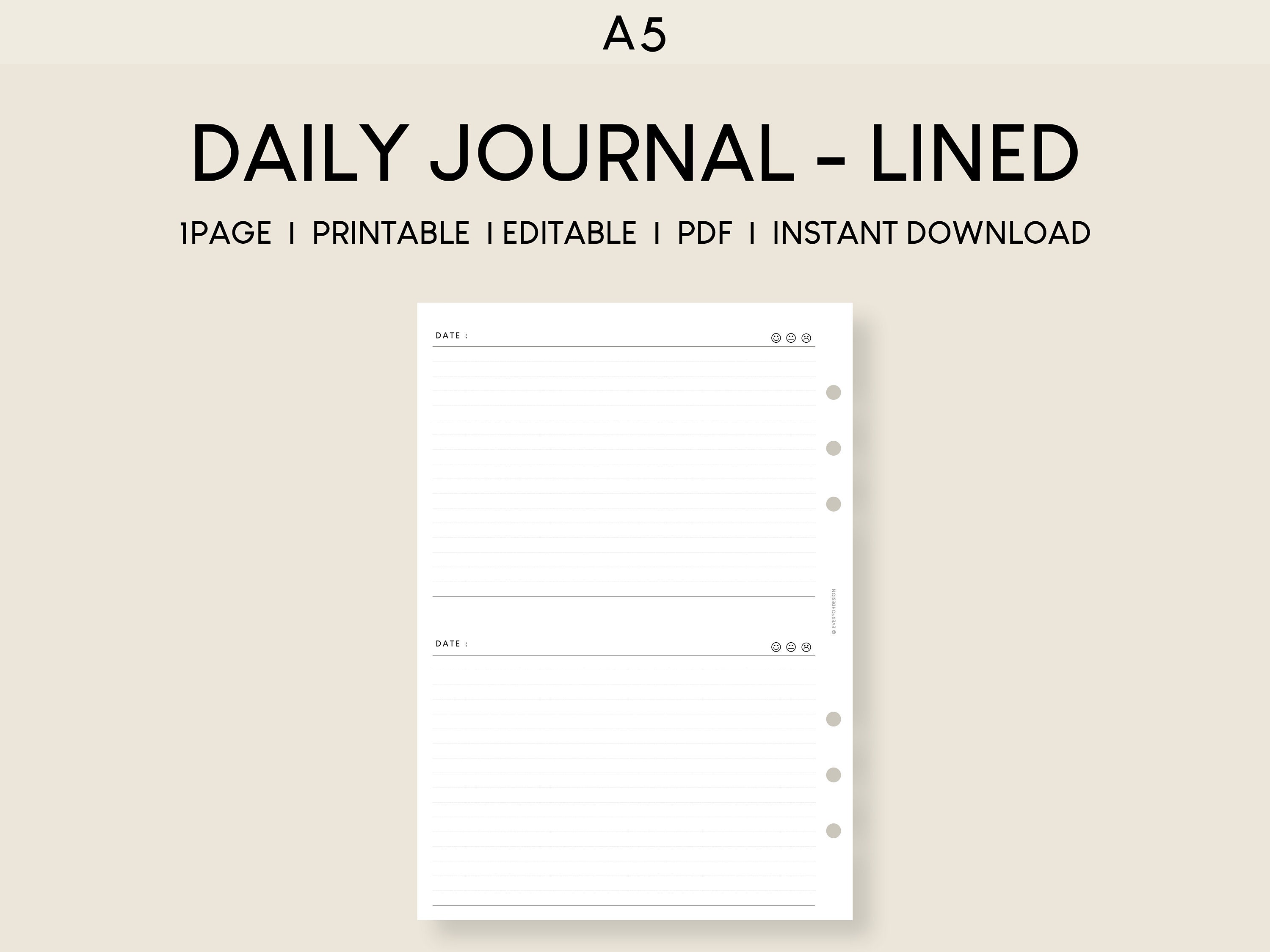 A5 Daily Journal Printable Insert: Lined, Editable (PDF) - Etsy