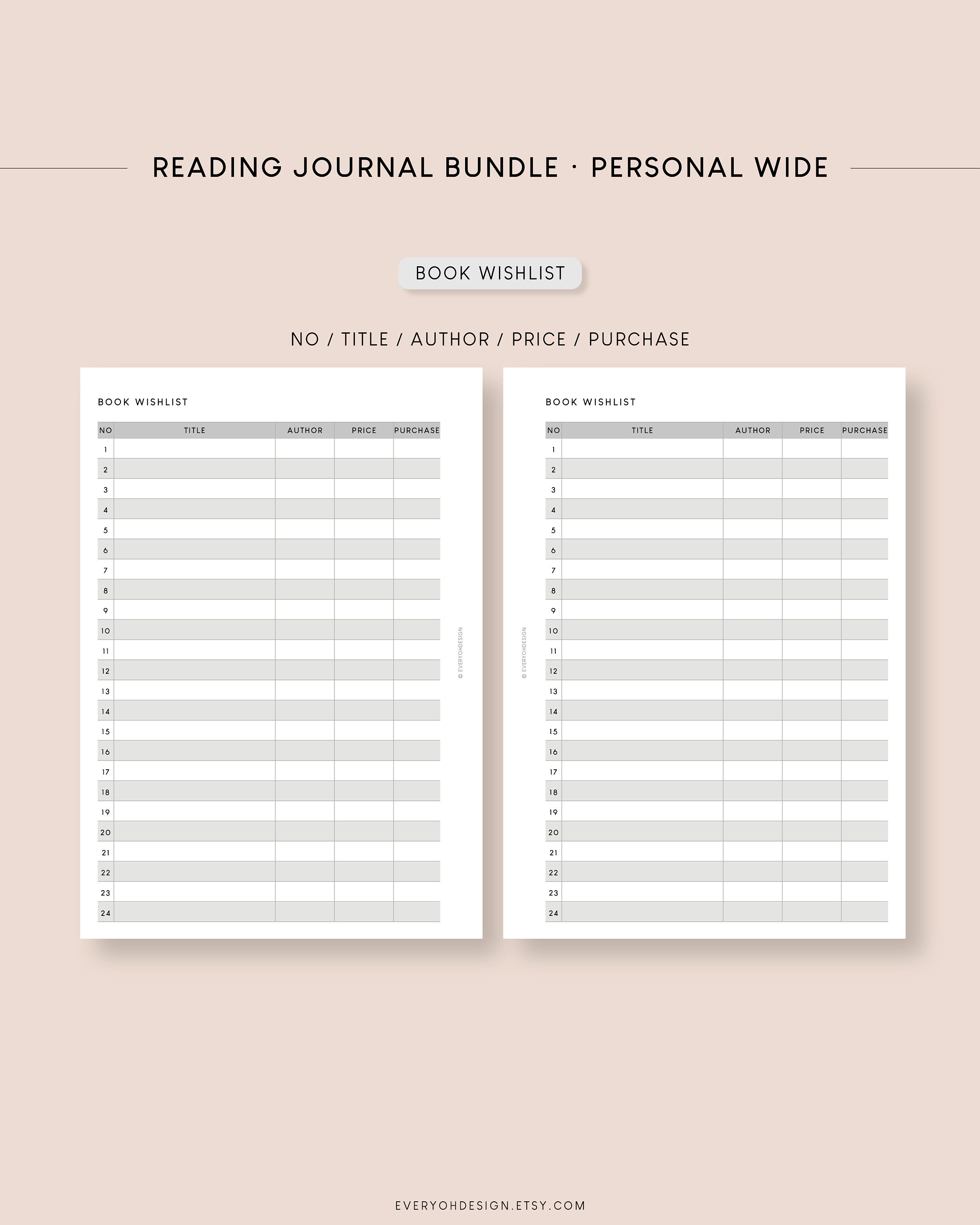 Reading Journal Printable Bundle Personal Wide Book Lovers Planner ...