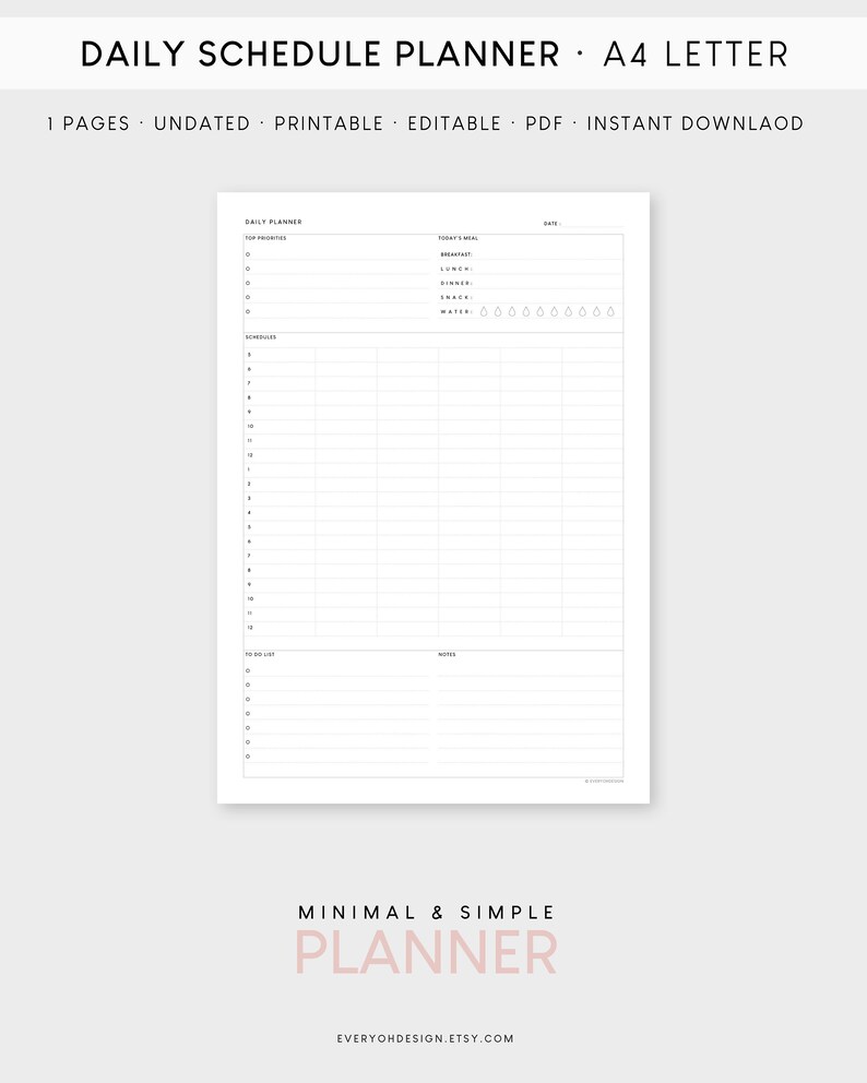 Daily Planner A4 Letter Printable Template Editable Undated | Etsy
