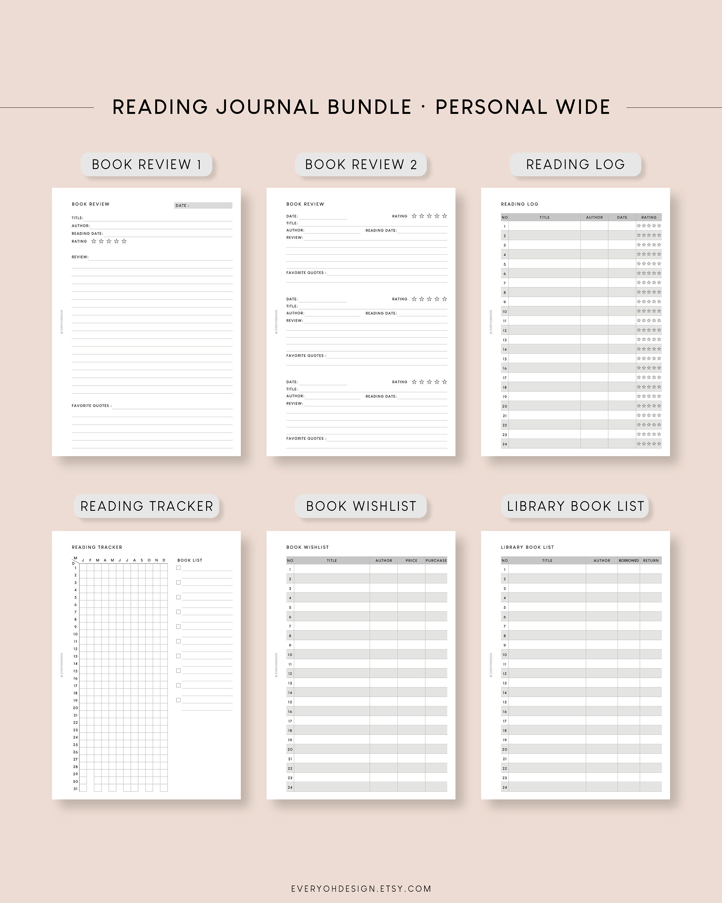 Reading Journal Printable Bundle Personal Wide Book Lovers Planner ...