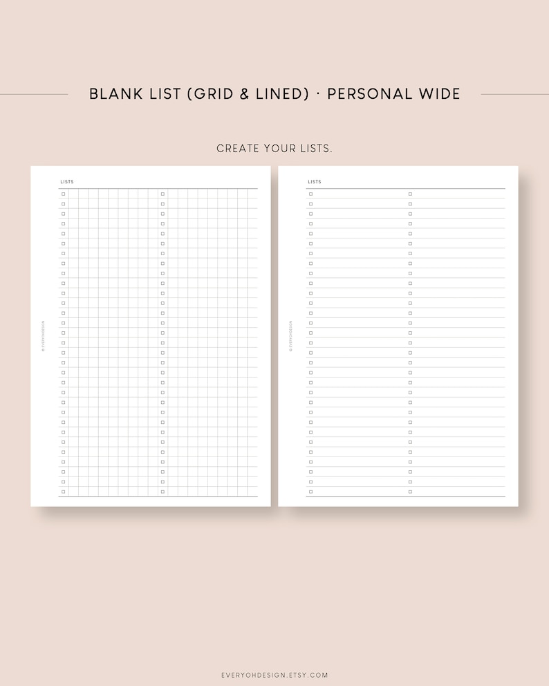 Blank Lists Grid & Lined Personal Wide Printable Planner Inserts ...