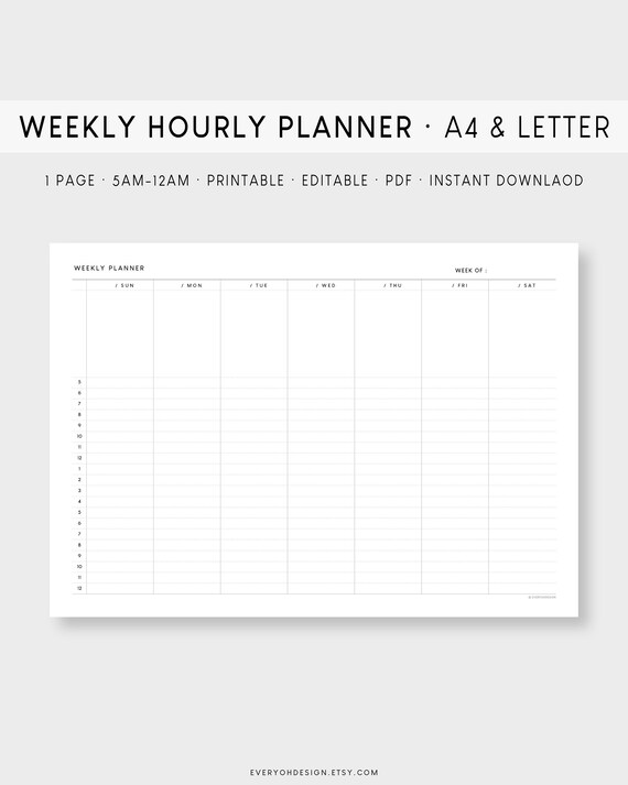 A4 & Letter Weekly Hourly Planner Printable Week Overview | Etsy