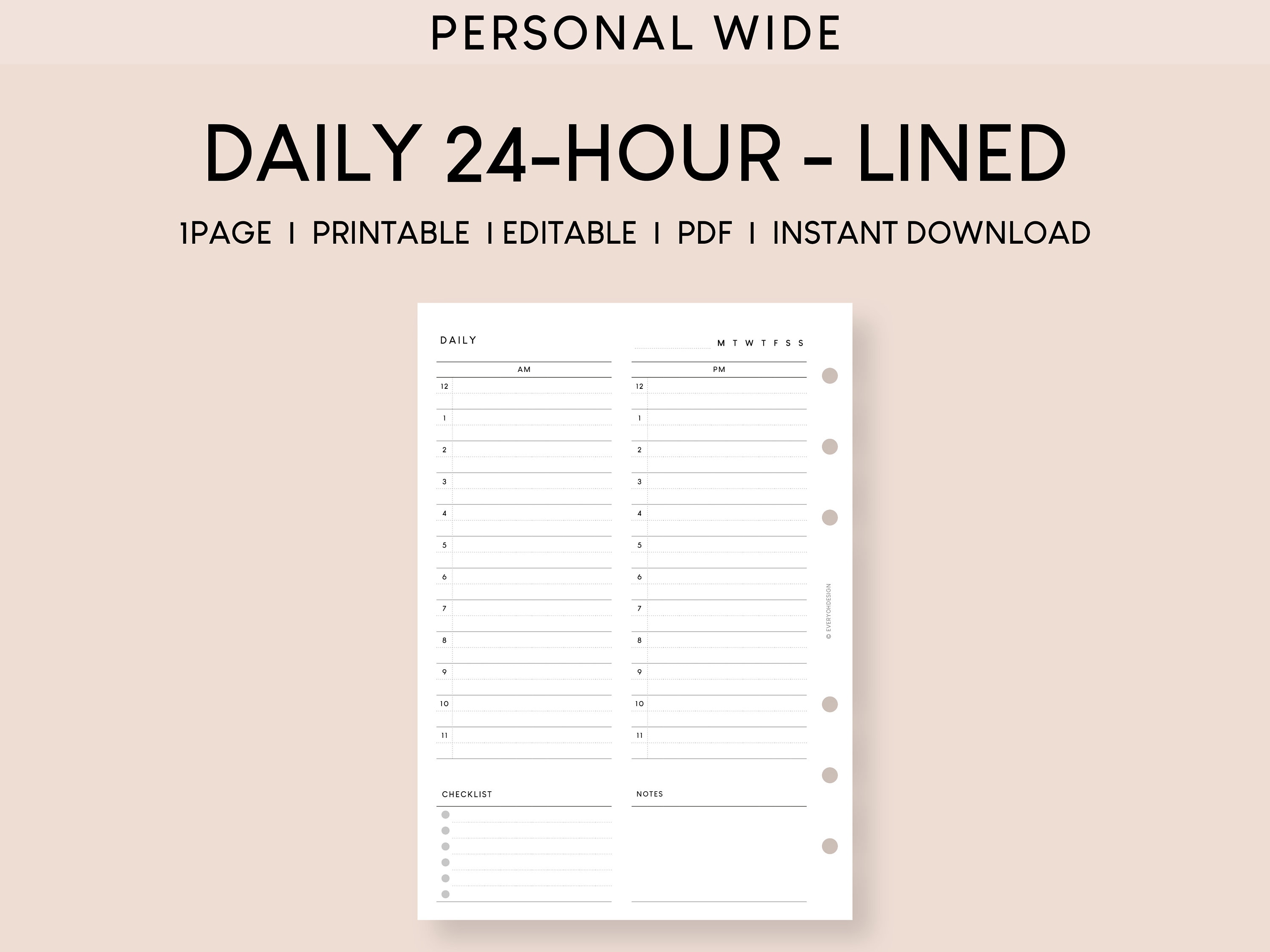 Personal Wide Daily Planner Printable: 24-hour Lined Schedule ...