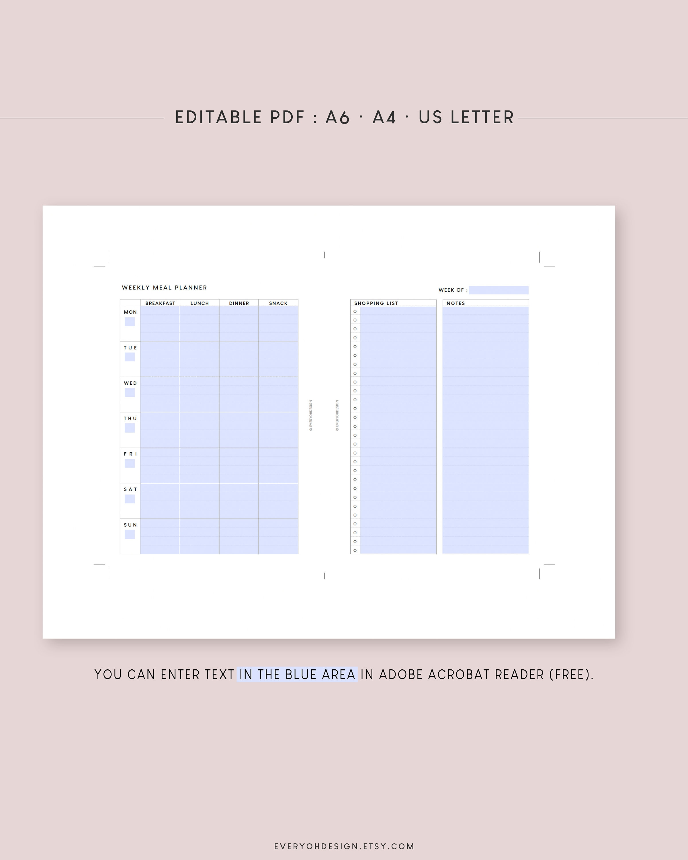 Weekly Meal Planner Lined A6 Printable Insert Week at A - Etsy