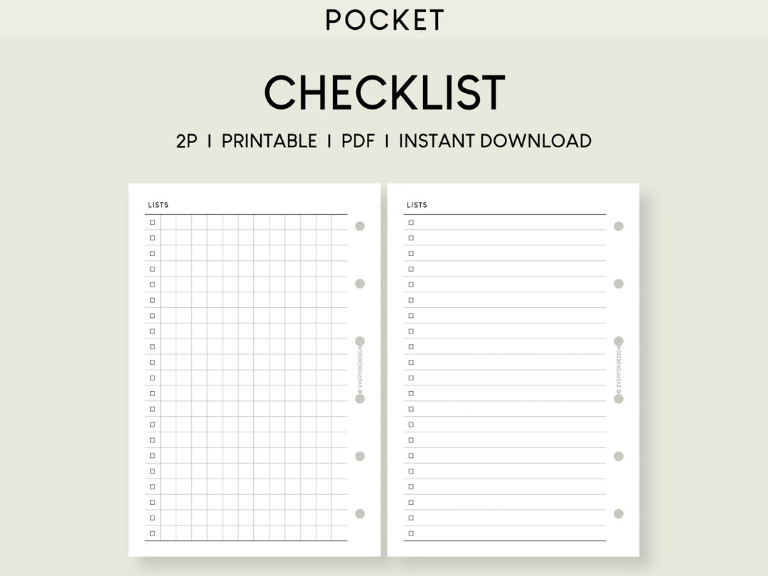 Pocket Blank Lists Printable Planner Inserts | Simple Checklist ...