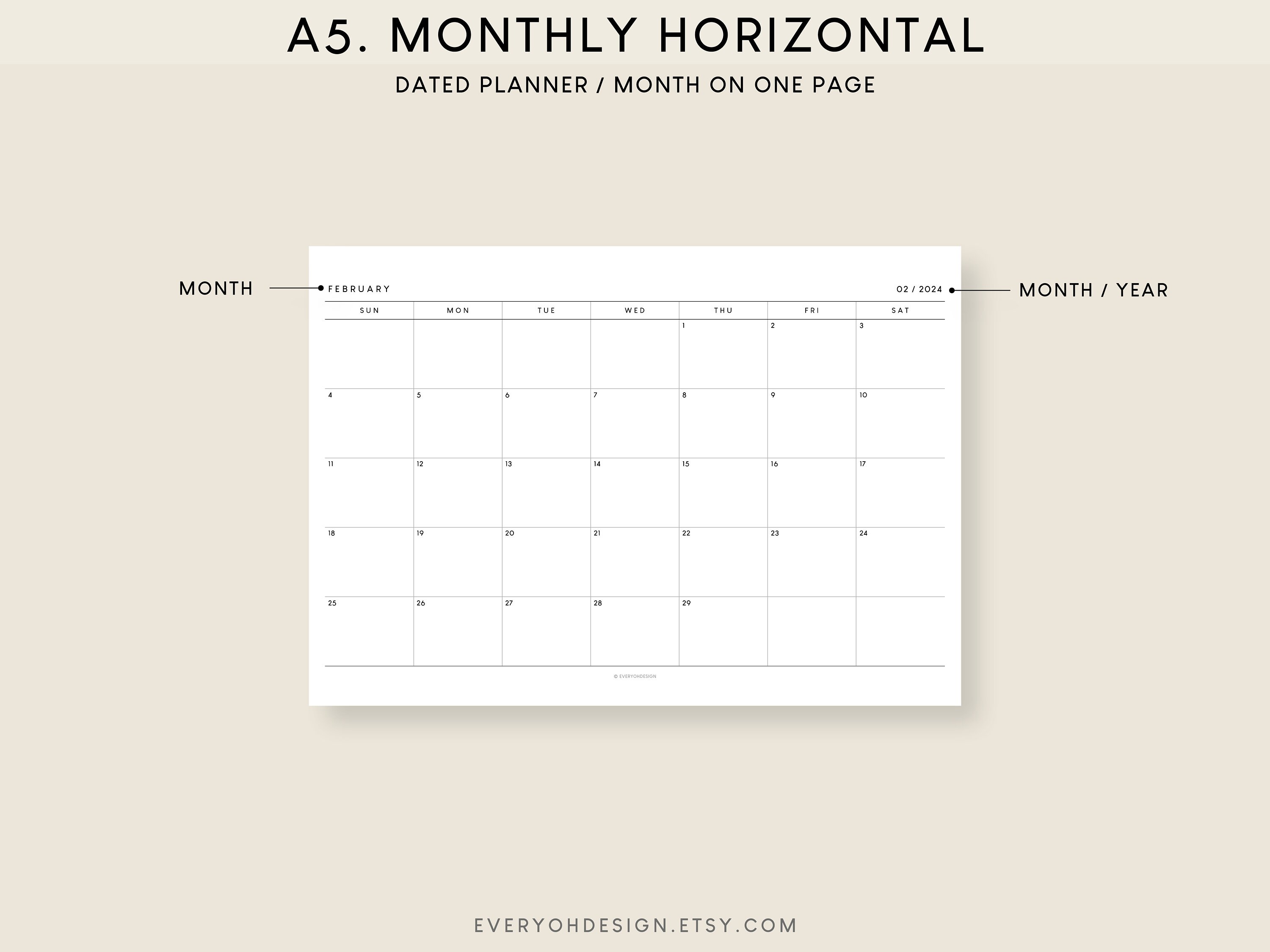 2024 Monthly Planner A5 Printable Inserts Horizontal Calendar 12 Pages ...