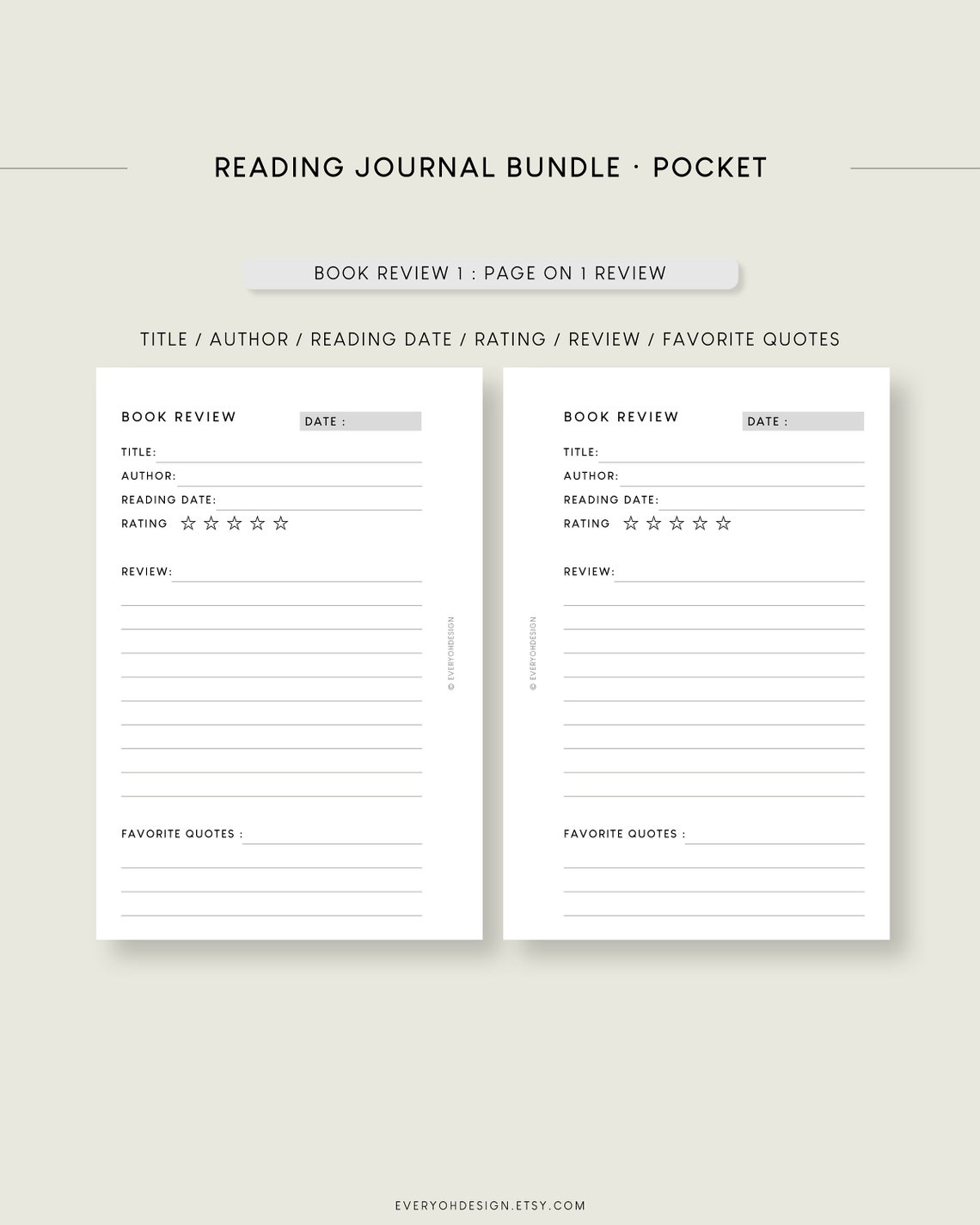 Pocket Reading Journal Bundle Printable Inserts Book Planner 6types ...