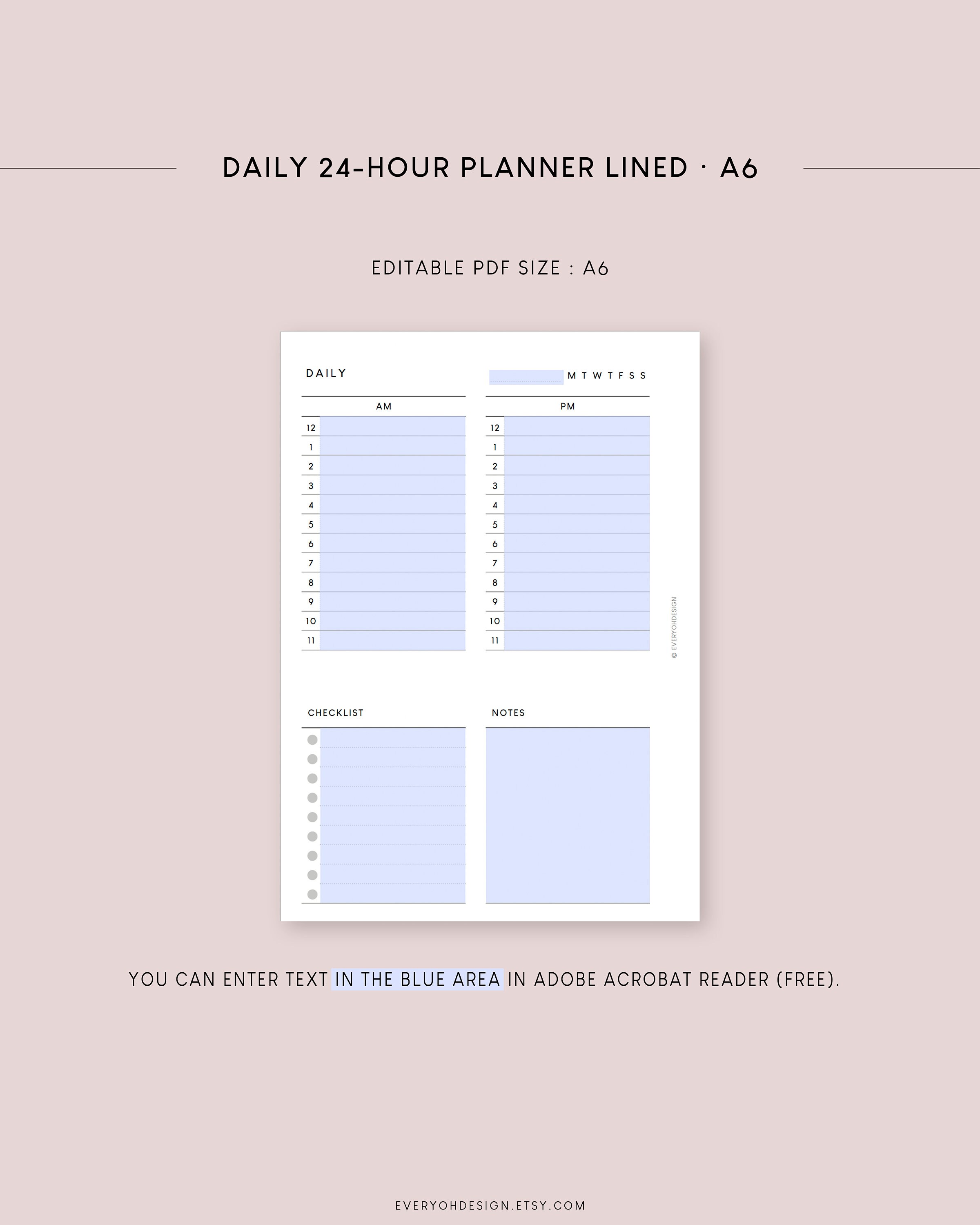 Daily 24-hour Planner Printable Inserts Editable Undated Day Schedule ...