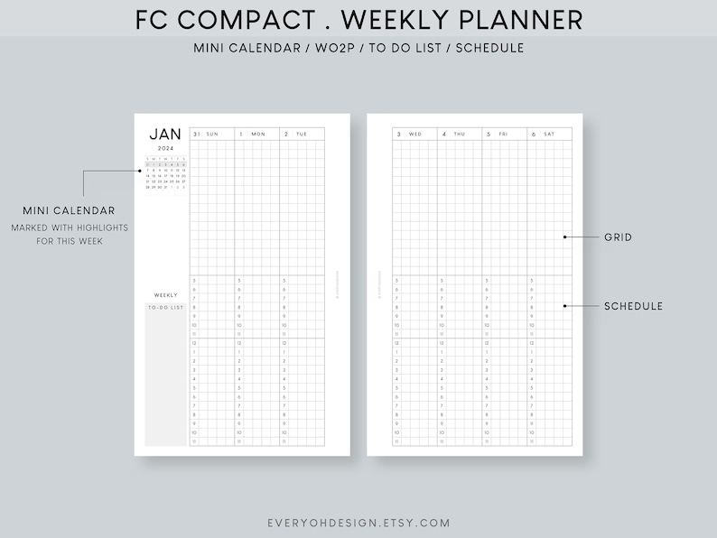 2024 Weekly Planner FC Compact Printable Inserts Minimalist Dated 52 ...