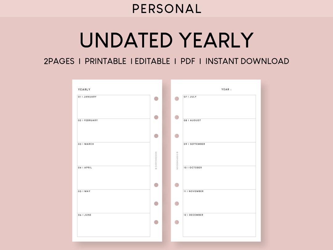 Printable Undated Yearly Planner Personal Insert Editable Future Log ...