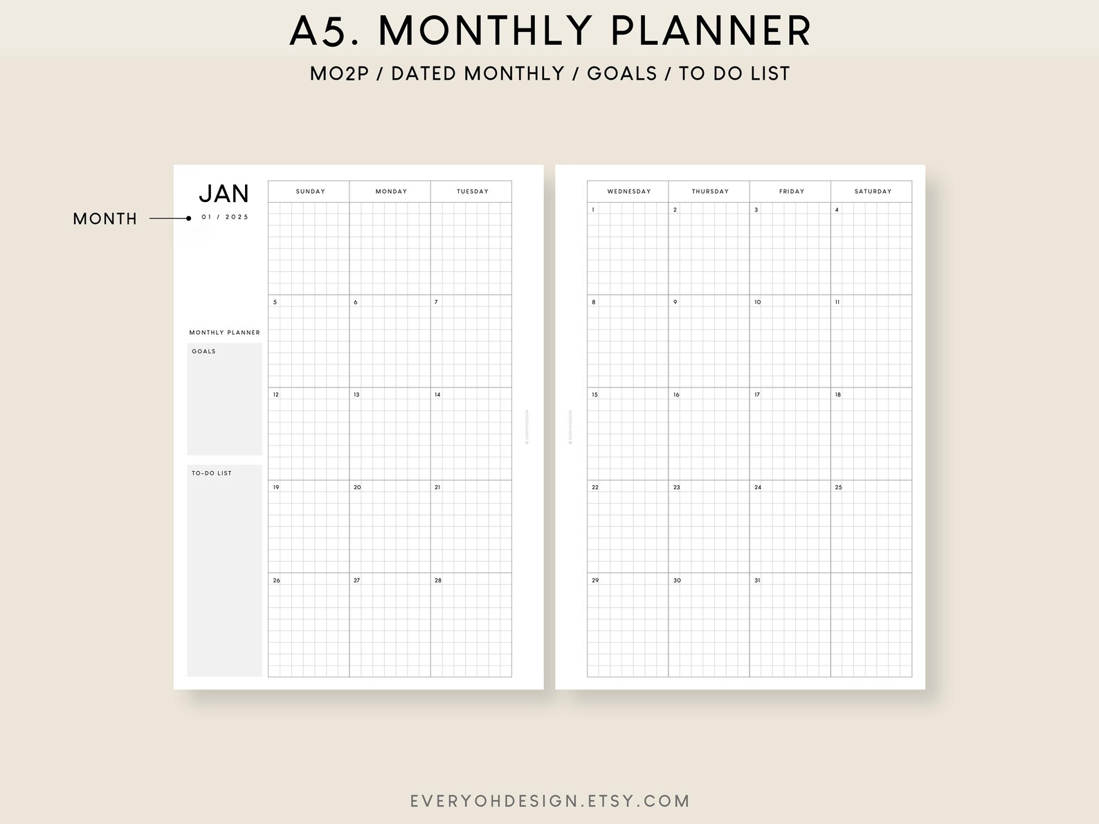 A5 2025 Calendar Monthly Printable Insert | Editable Planner Template ...