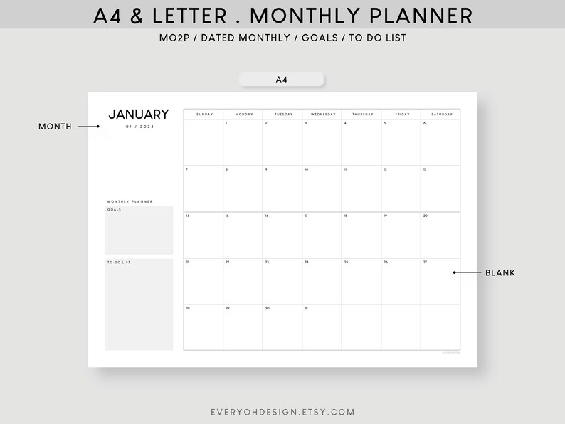 A4 & Letter 2024 Monthly Calendar Printable MO1P Editable Monthly ...