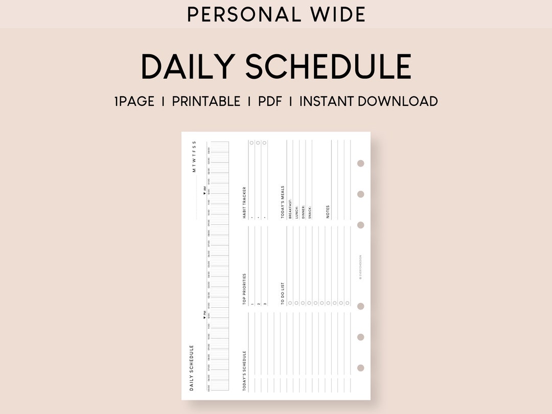 Personal Wide Daily Schedule Printable Insert: 24-hour Horizontal ...
