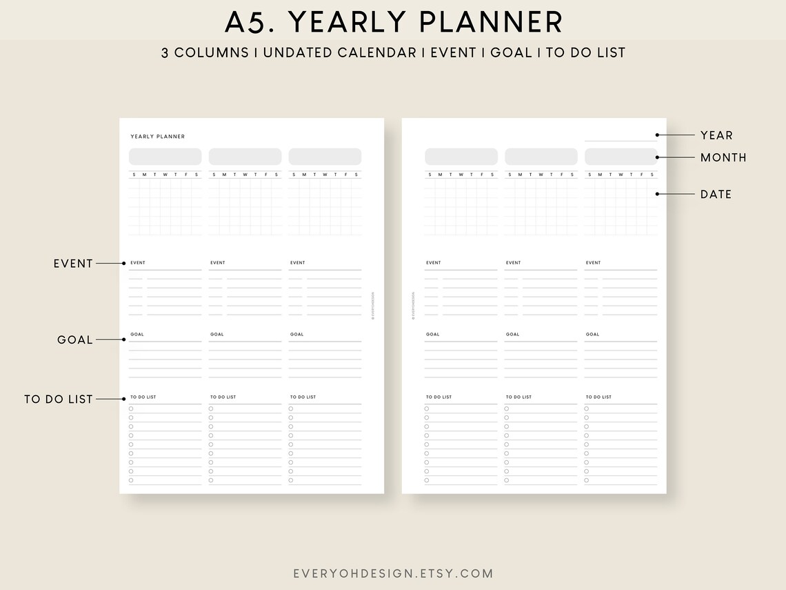 A5 Undated Yearly Planner Printable Inserts Event Goal To-do List ...