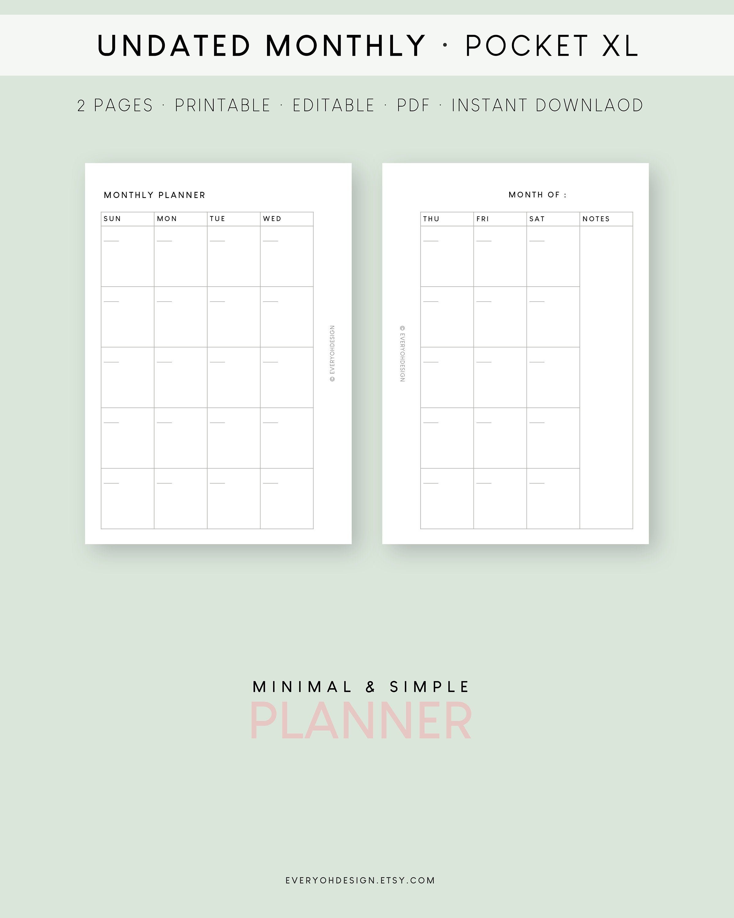 Undated Monthly Planner Pocket XL Minimal Fillable Template | Etsy