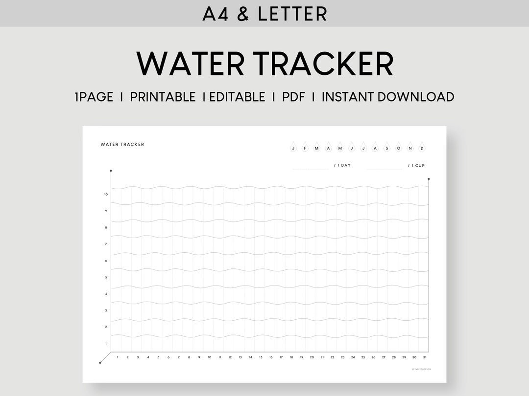 Water Intake Tracker Printable A4 & Letter | 30 Day Hydration Tracking ...