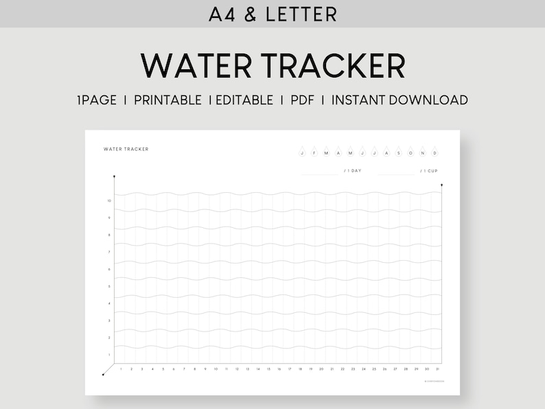 Water Intake Tracker Printable A4 & Letter | 30 Day Hydration Tracking ...