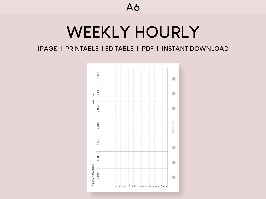A6 Weekly Hourly Planner Insert: Minimalist Horizontal Layout ...