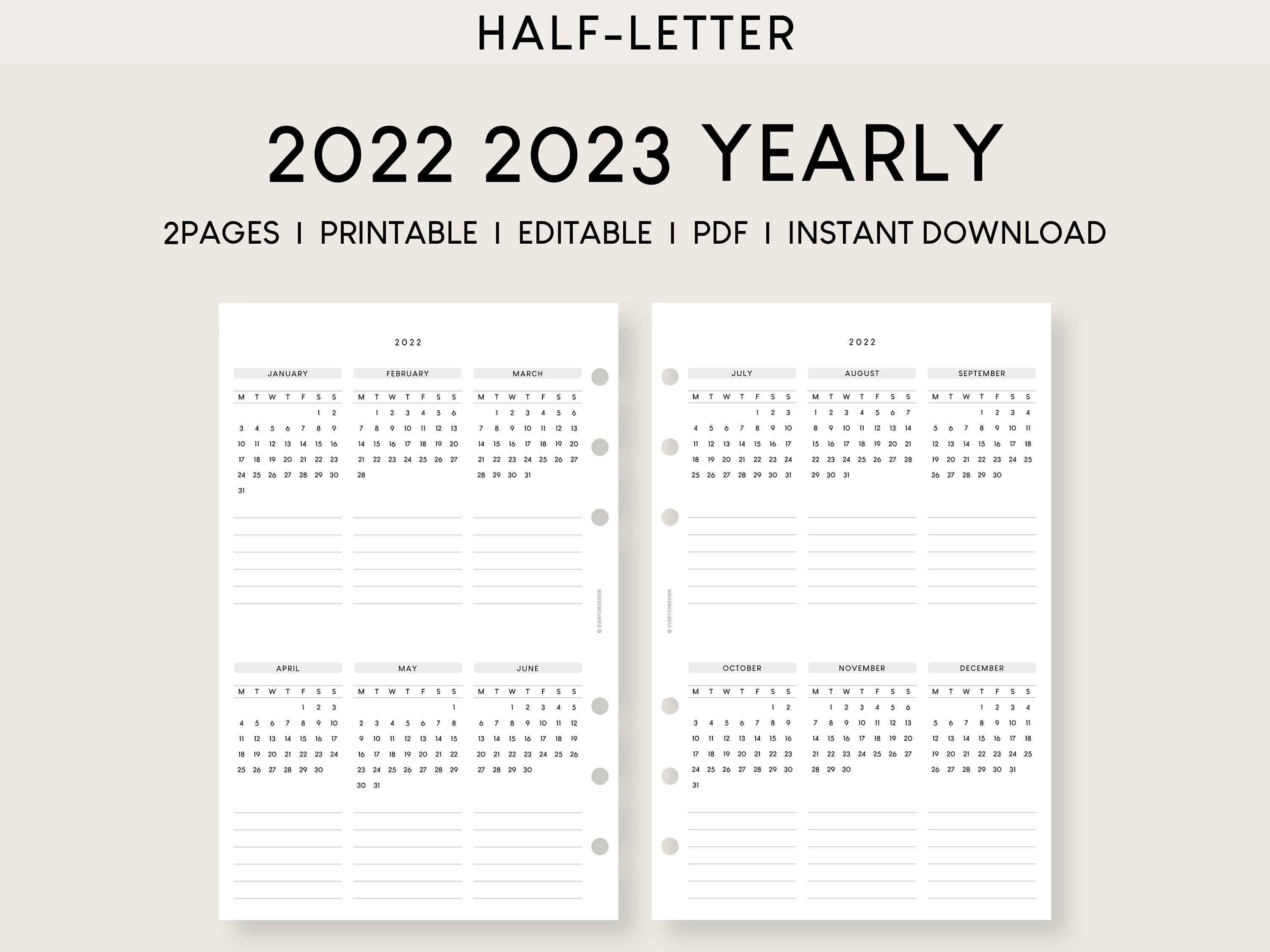 2022 2023 Yearly Planner Half-letter Inserts Printable - Etsy
