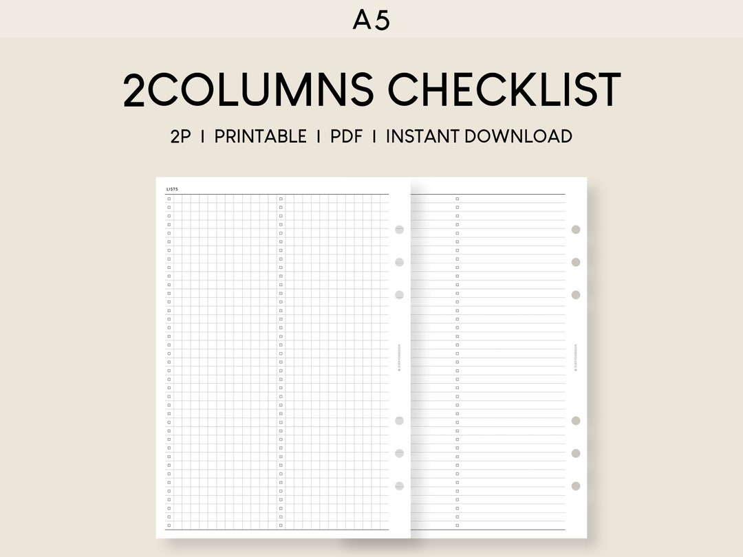 A5 Printable Checklist Inserts: Grid & Lined, 2-column (digital ...