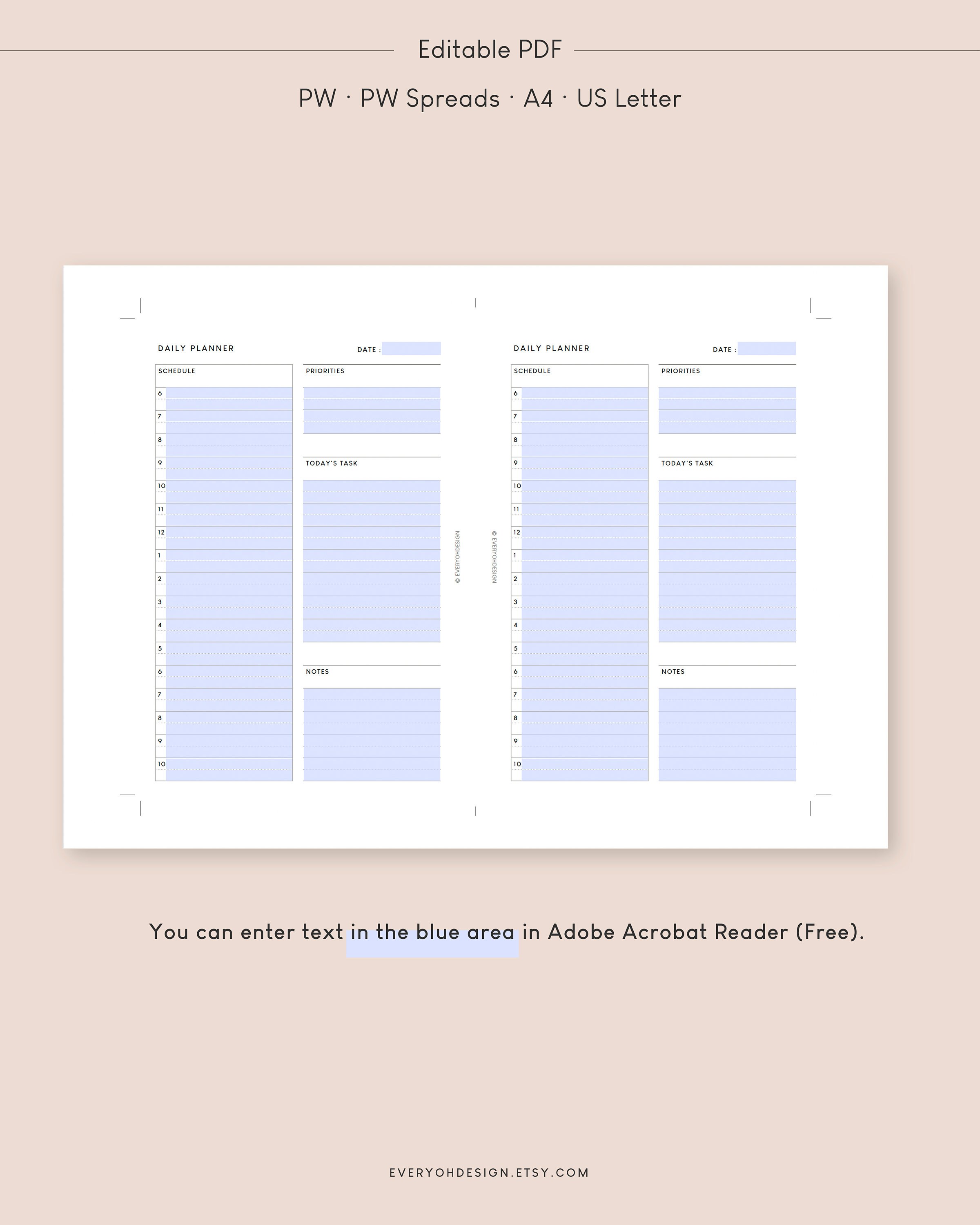 Printable Undated Daily Planner Personal Wide Fillable - Etsy