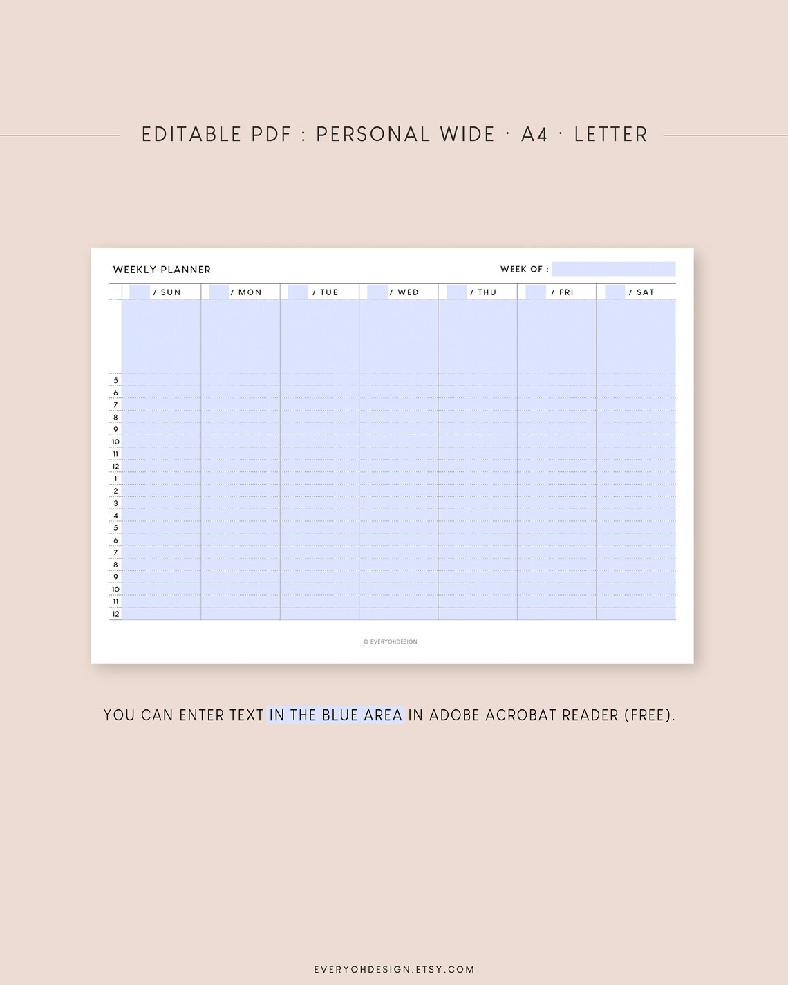 Personal Wide Hourly Weekly Planner Timetable Printable - Etsy