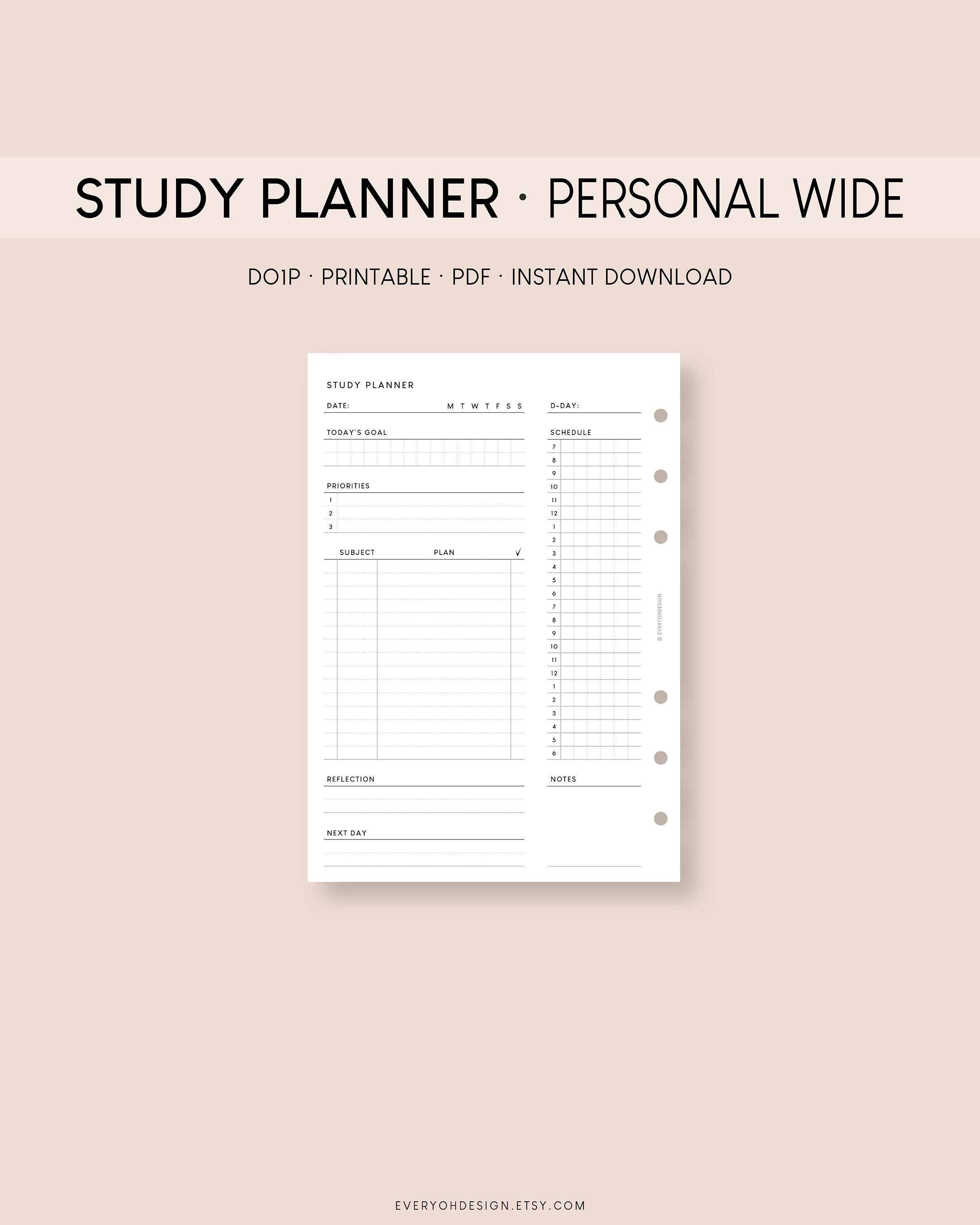Study Planner Personal Wide Printable Insert Student | Etsy