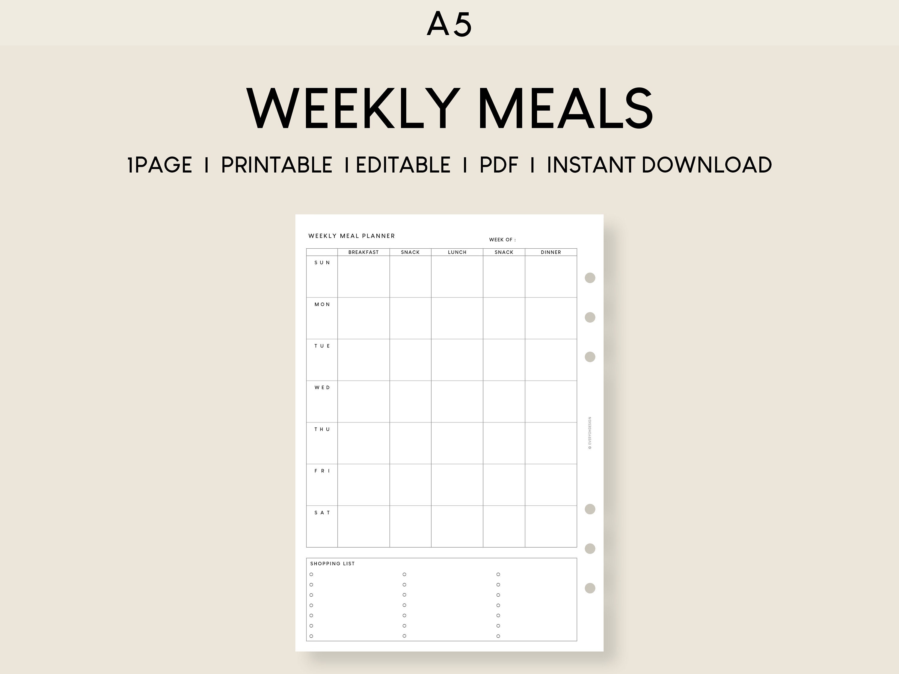 Weekly Meal Grid A5 Planner Insert | Grocery Shopping List | Printable ...