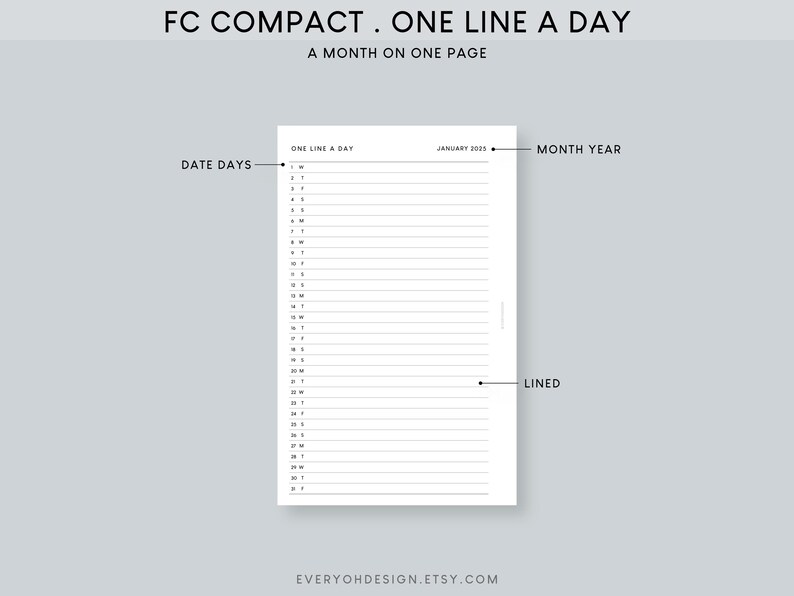 Plantillas imprimibles compactas de una línea al día con fecha 2025 / Diario de gratitud ...