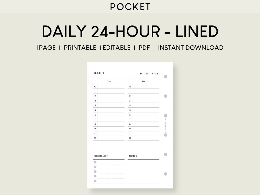 24 Hour Schedule Planner Pocket Printable Insert | Undated Daily Log ...