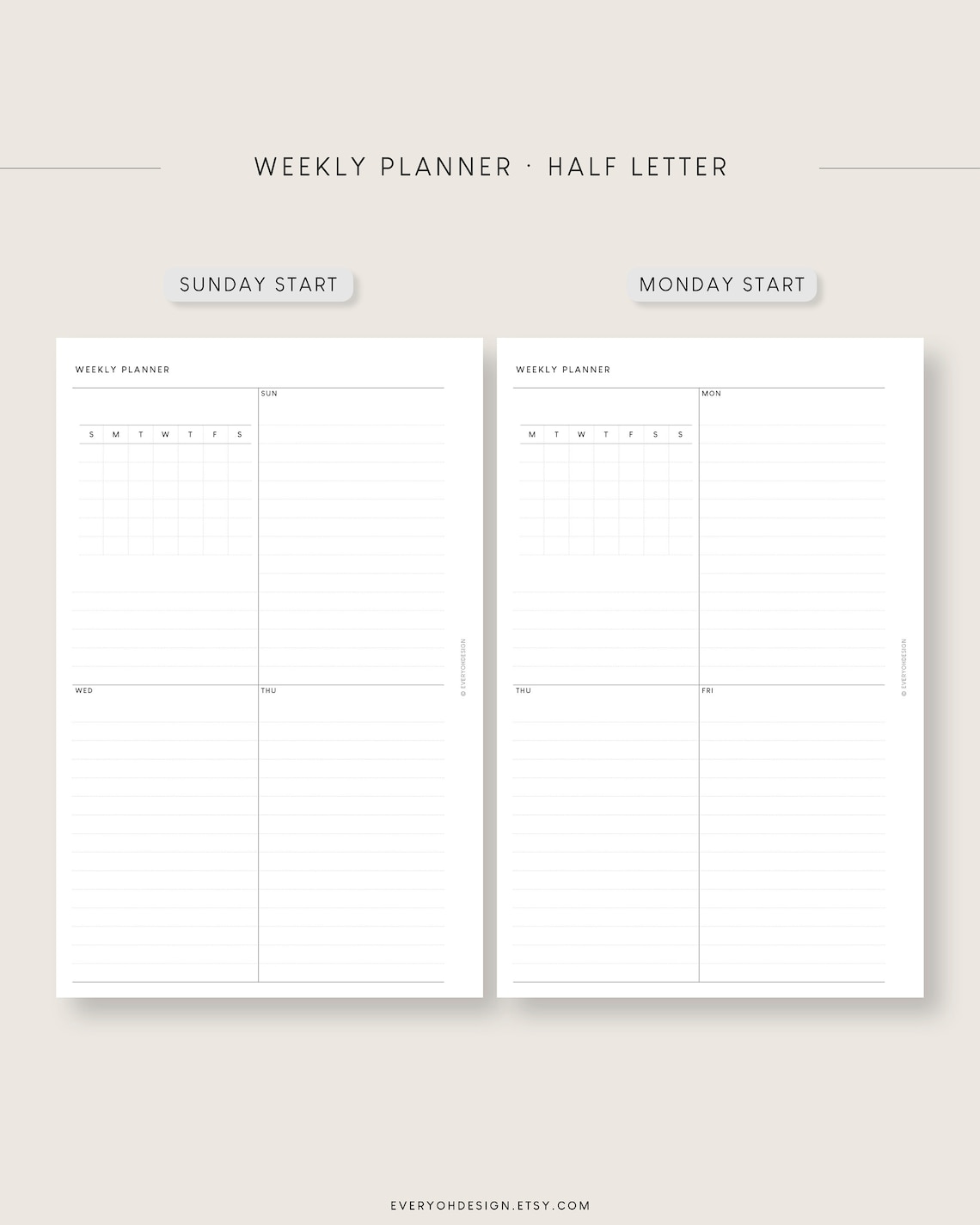 Weekly Planner Printable With Calendar Half Letter Inserts Week ON Two ...