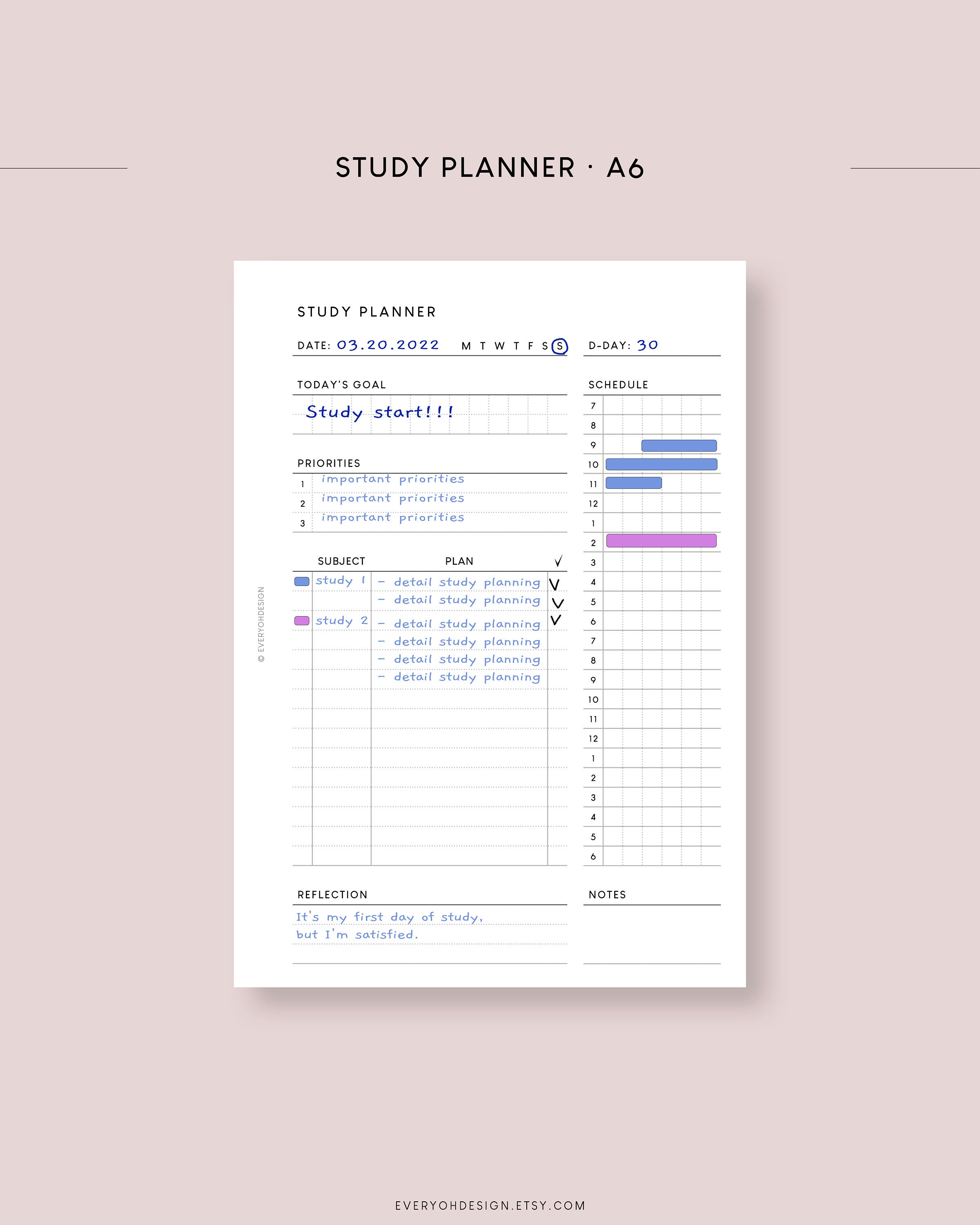 Student Study Planner A6 Printable Insert 24 Hour 10 Minutes Schedule ...