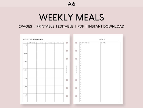 A6 Meal Weekly Planner Grid Printable Inserts Edit Menu - Etsy