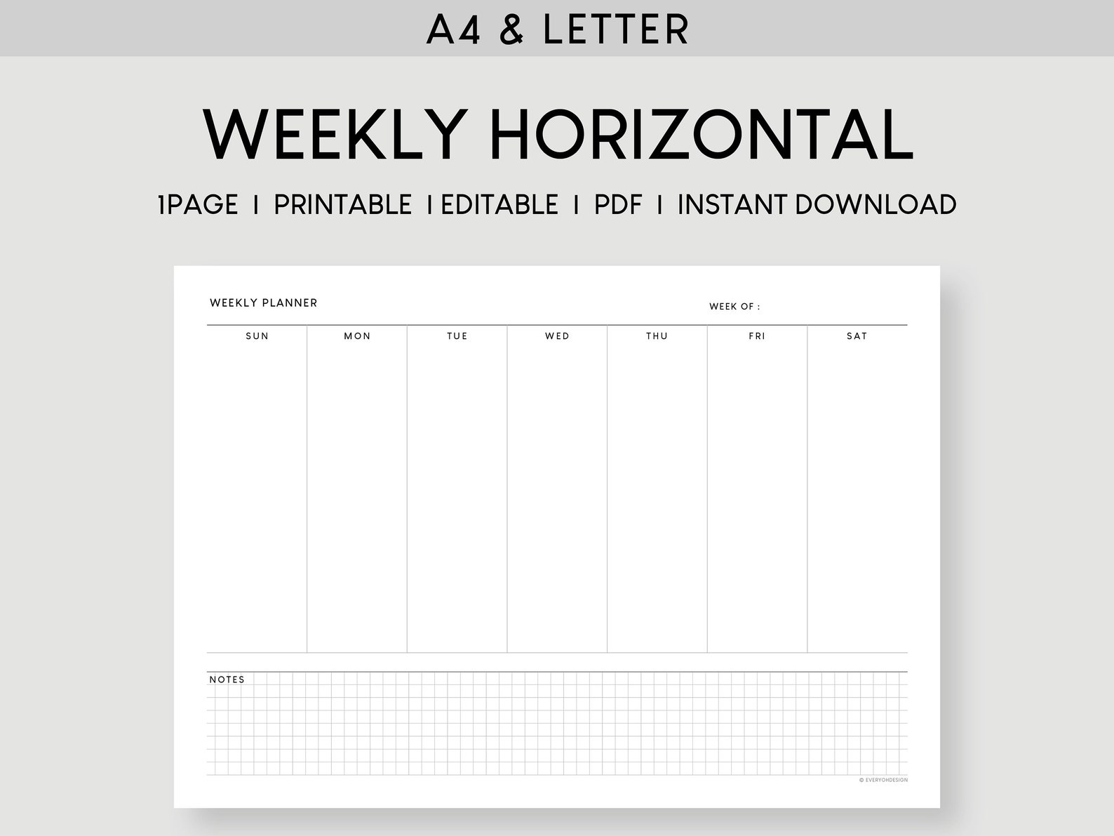 Weekly Horizontal Printable Planner A4 & Letter | Editable Week on One ...