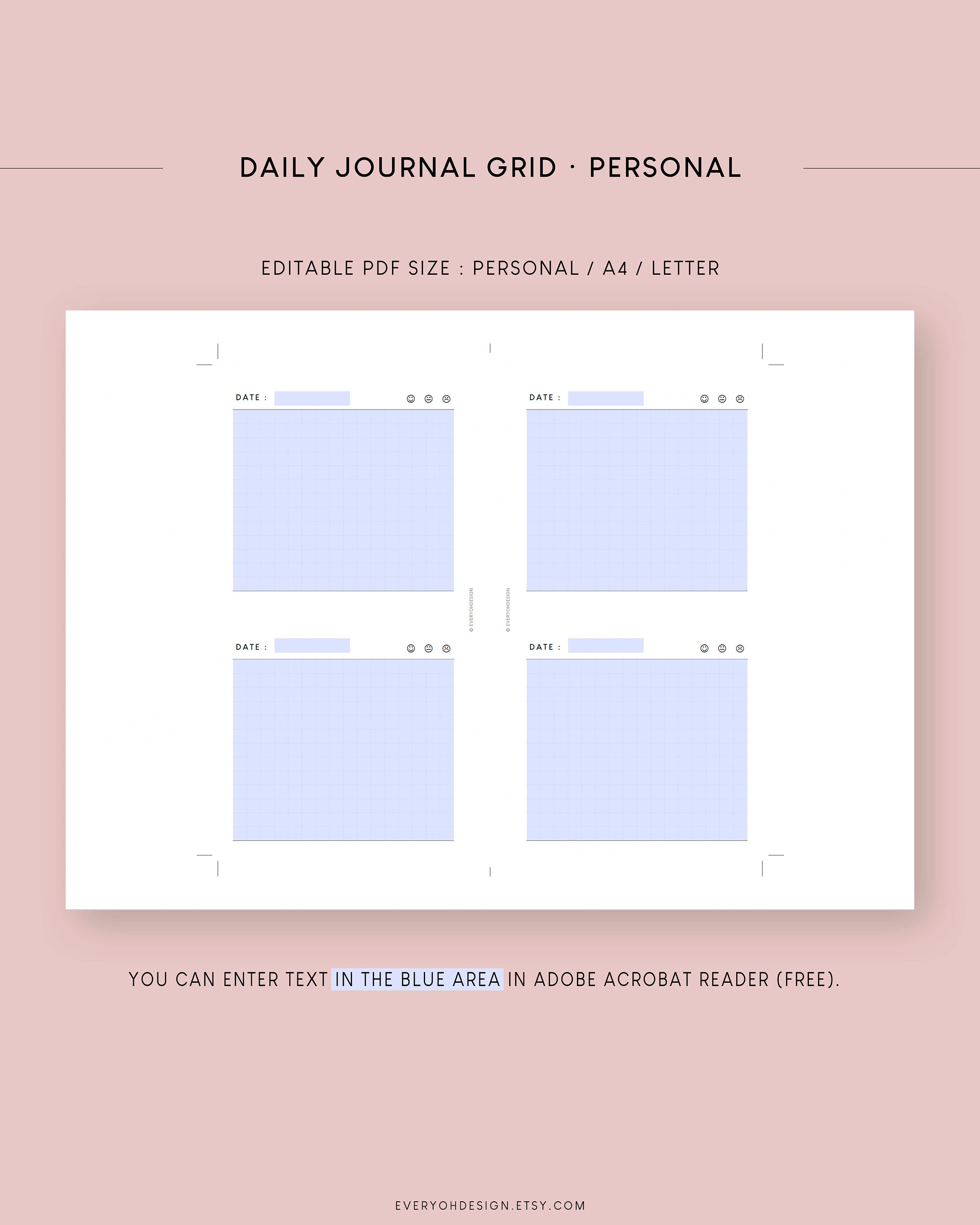 Personal Diary Template: Daily Grid Journal Insert (printable, Editable ...
