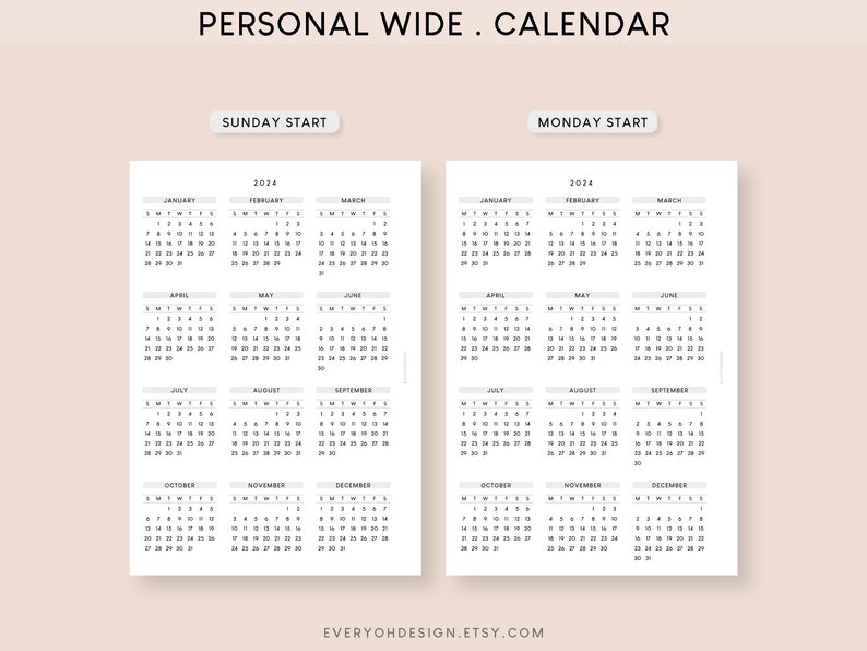 Personal Wide 2024 Calendar Printable Planner Insert Dated Yearly ...