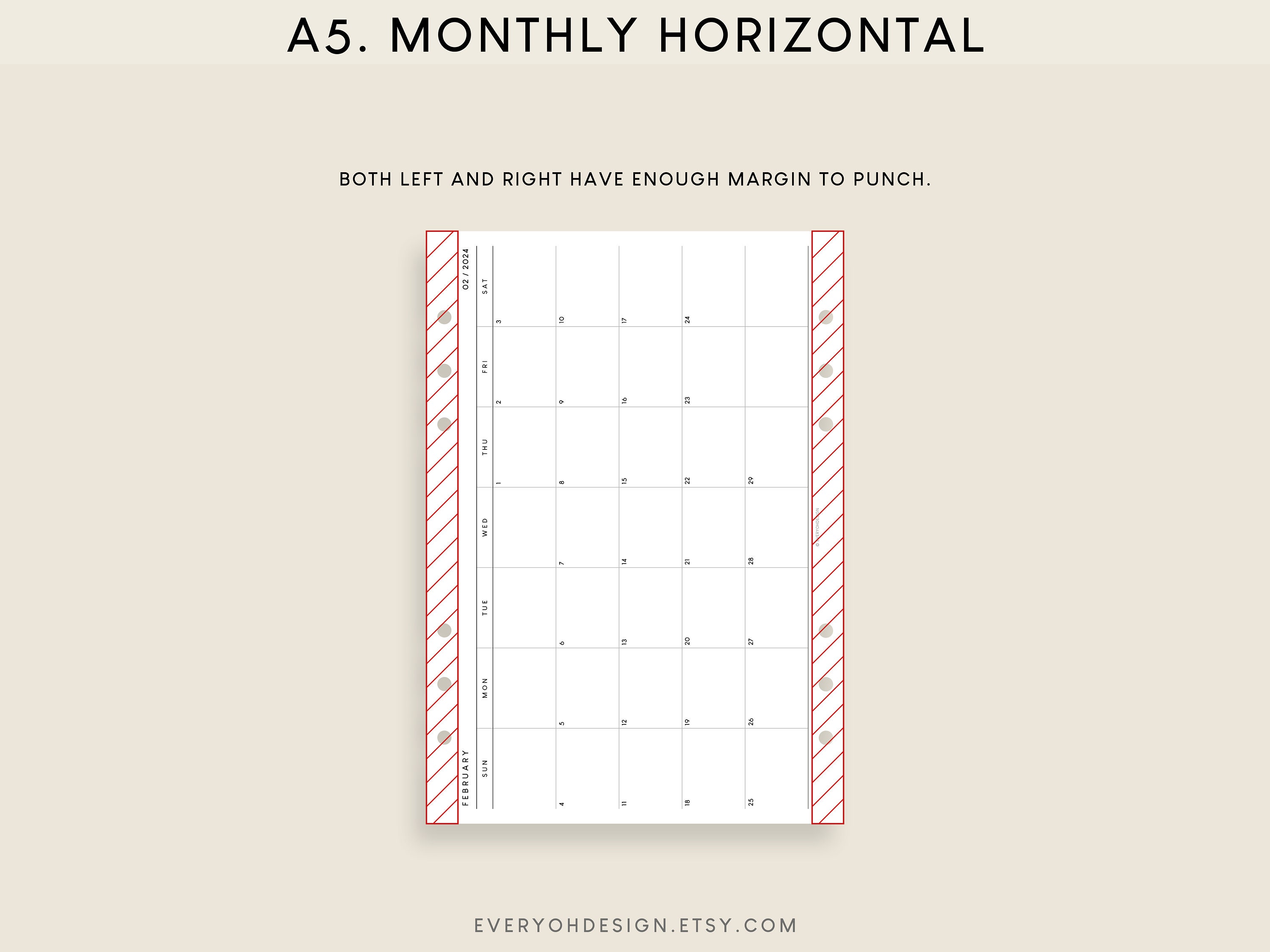 2024 Monthly Planner A5 Printable Inserts Horizontal Calendar 12 Pages ...