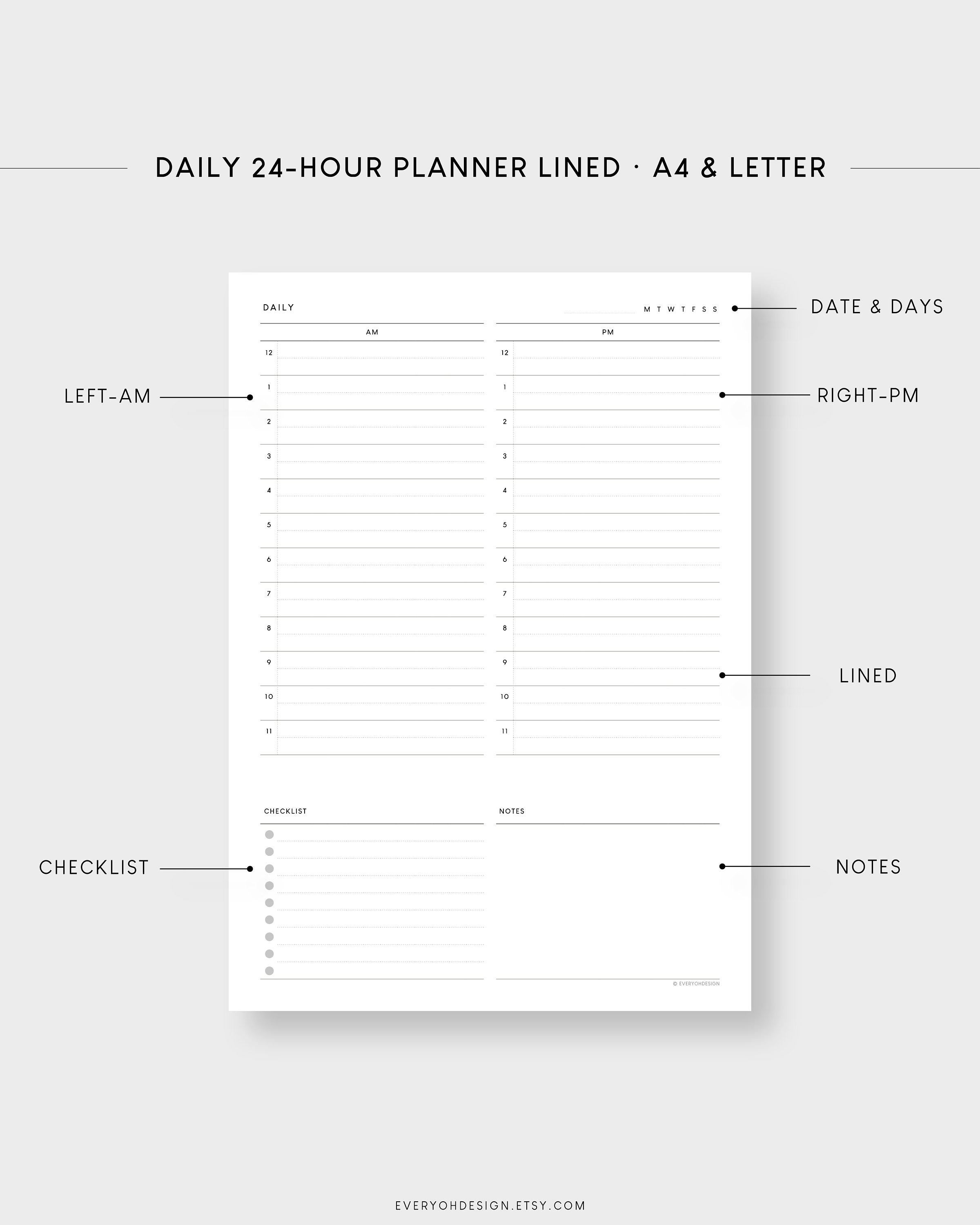 A4 & Letter Daily 24 Hour Planner Printable Undated Scheduler Editable ...