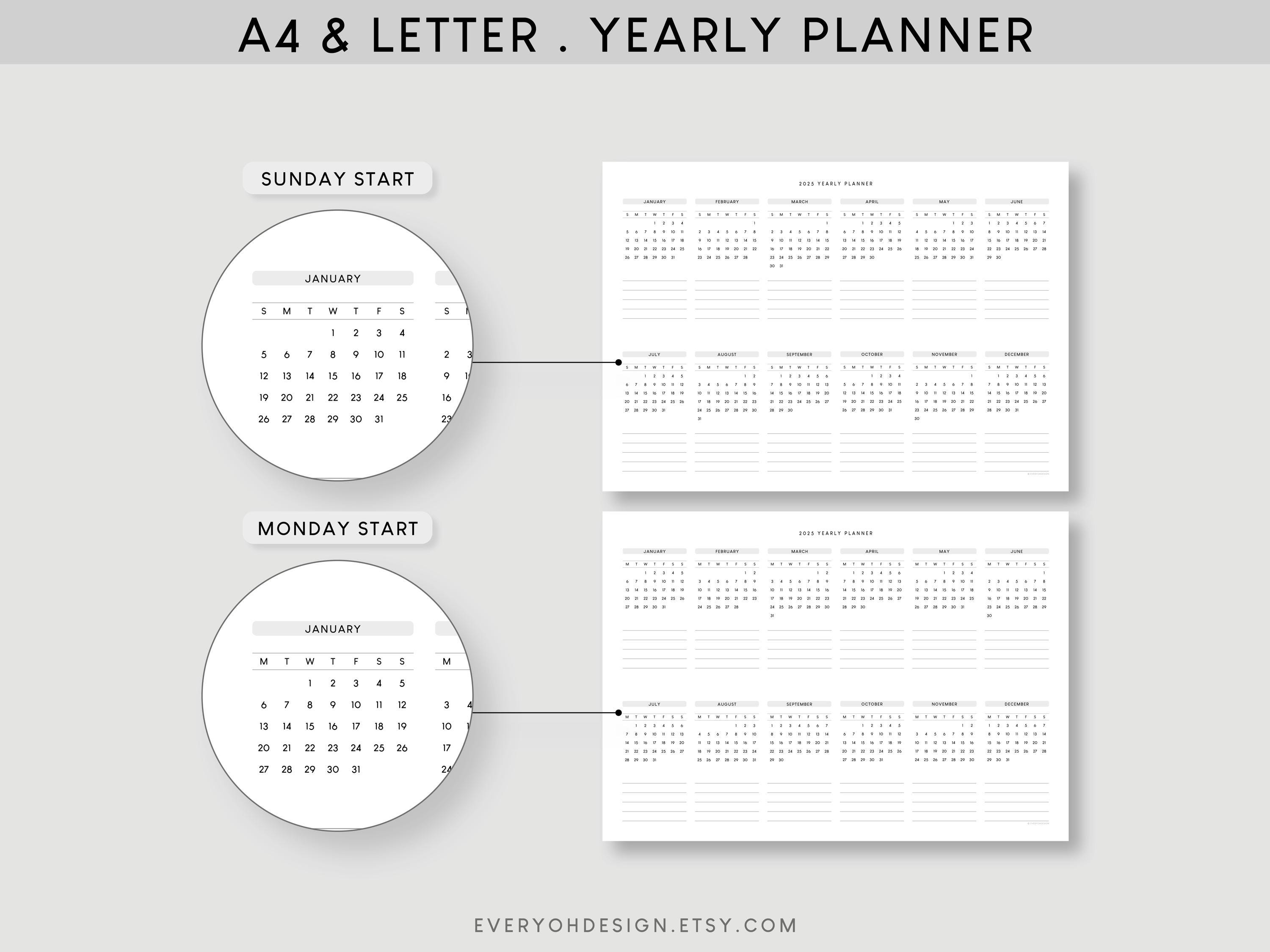 2025 Yearly Planner A4 & Letter | Printable Calendar Template ...