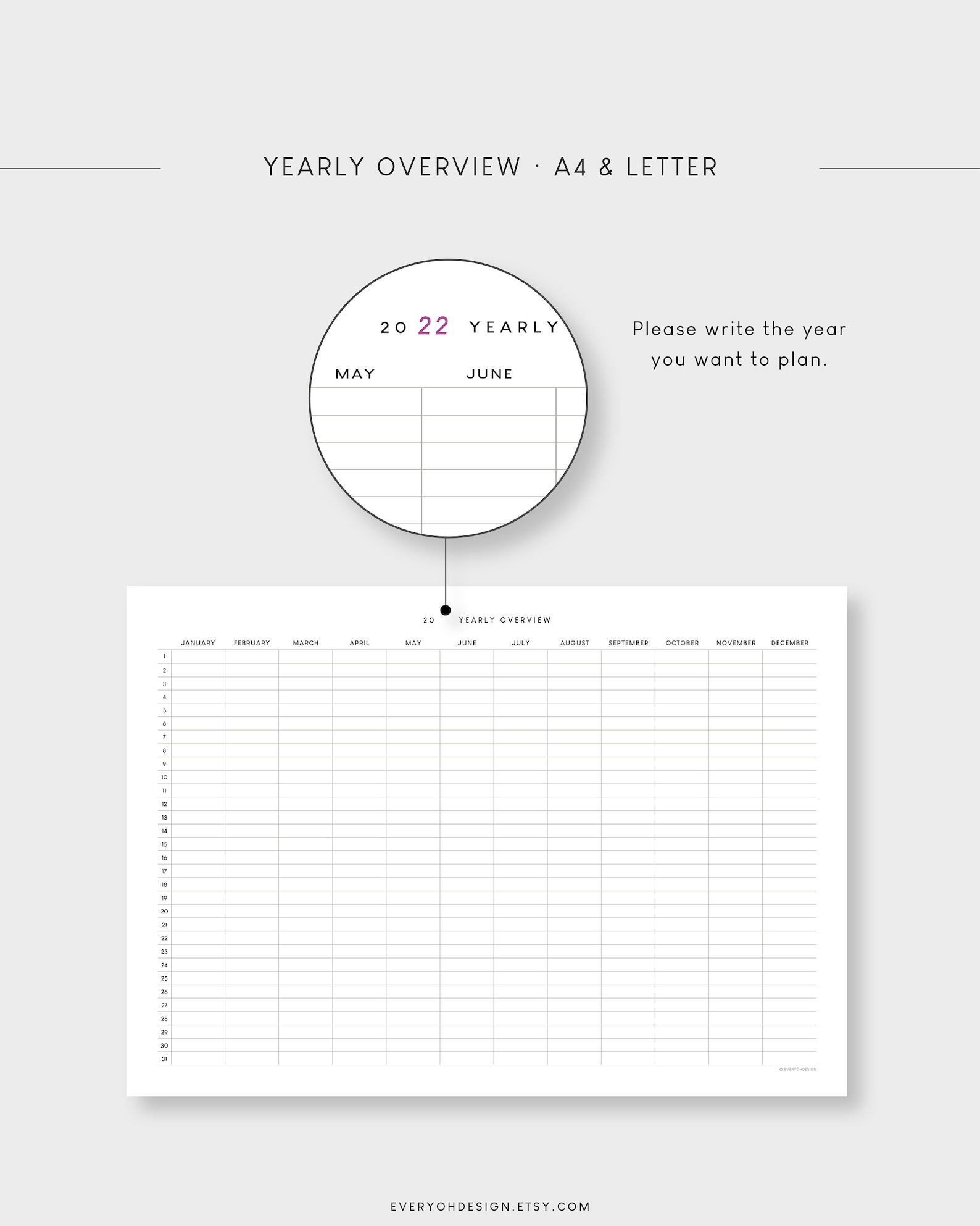 A4 & Letter Yearly Overview Planner Minimalist Printable Inserts 365 ...