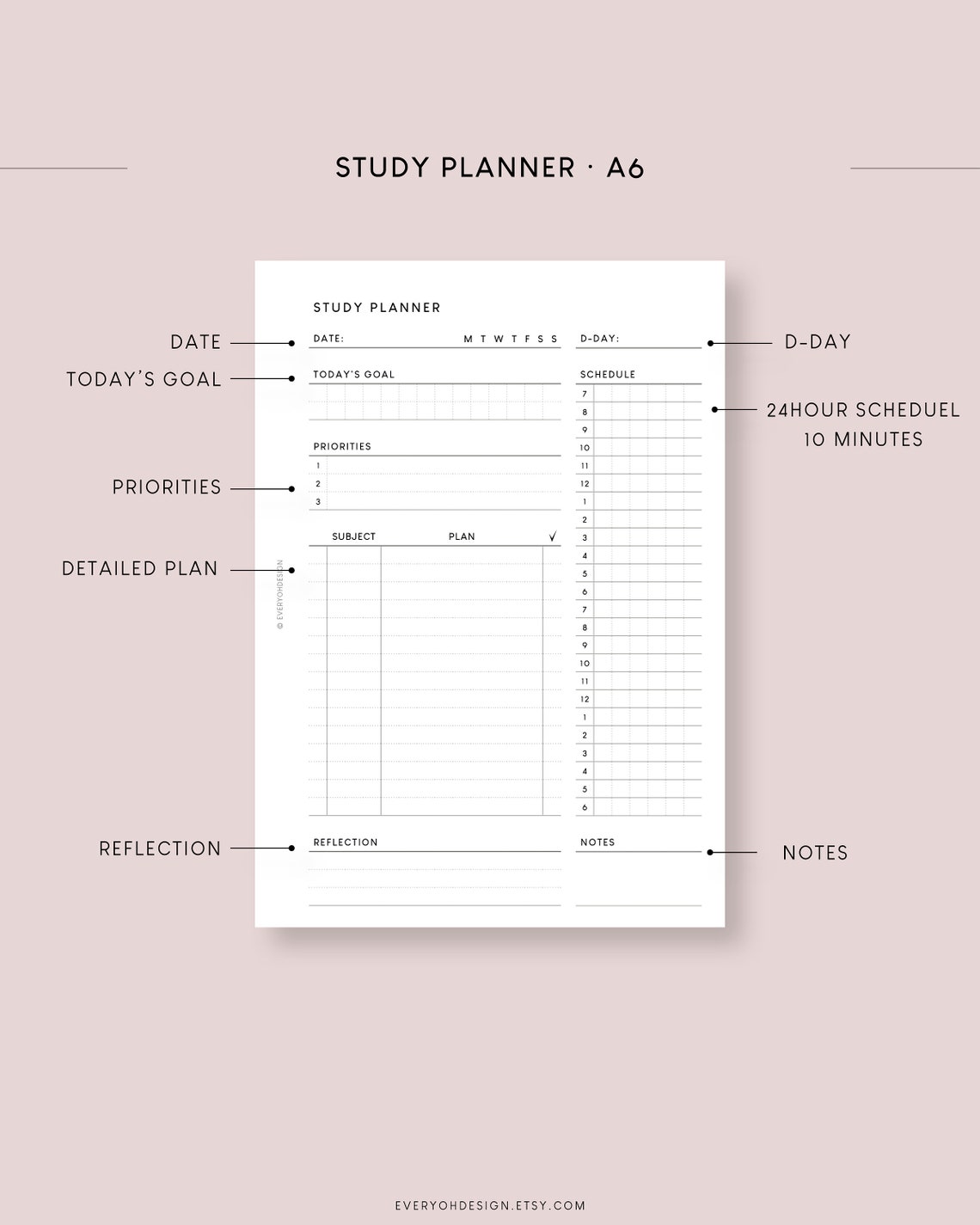 Student Study Planner A6 Printable Insert 24 Hour 10 Minutes | Etsy