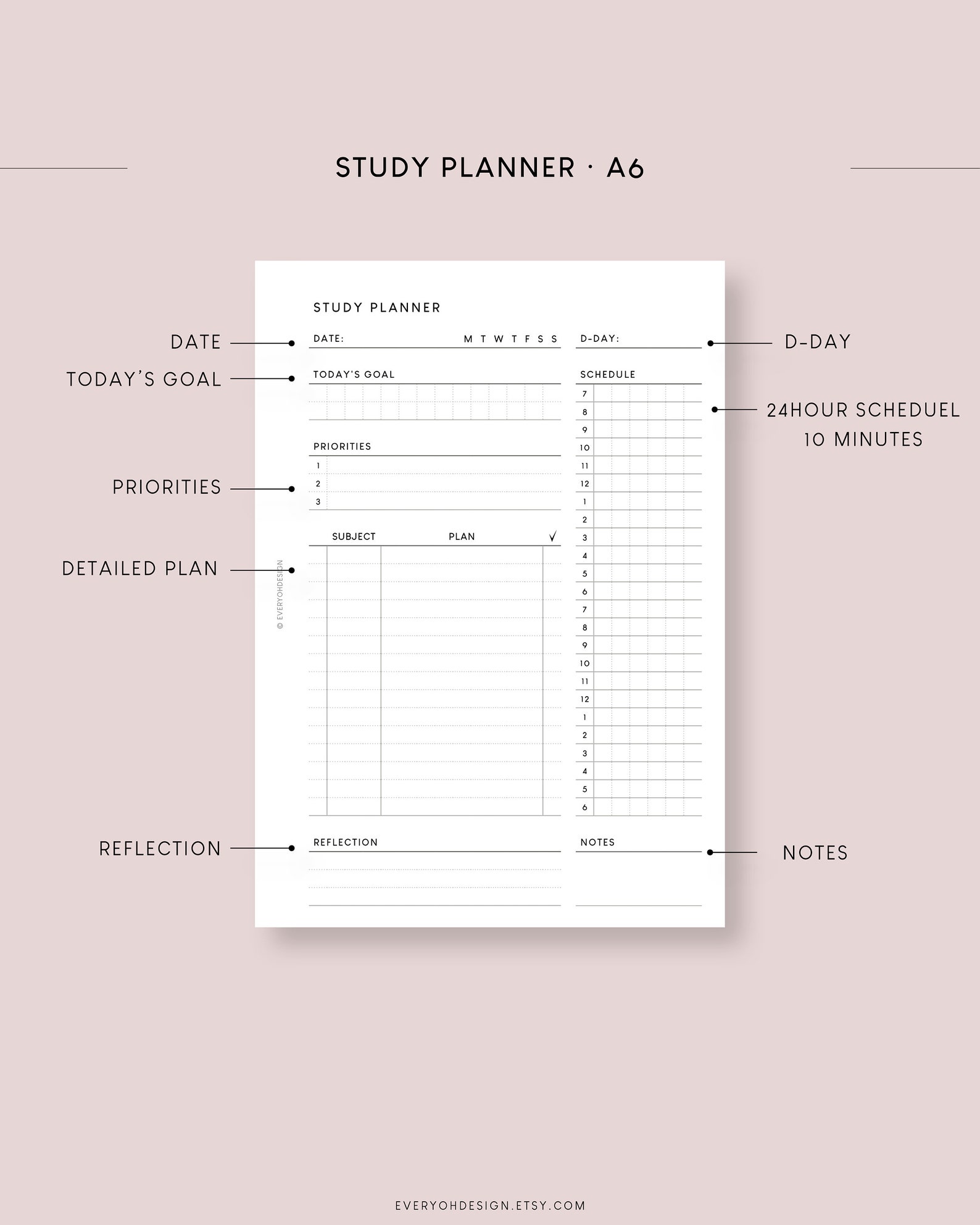 Student Study Planner A6 Printable Insert | 24 Hour 10 Minutes Schedule ...