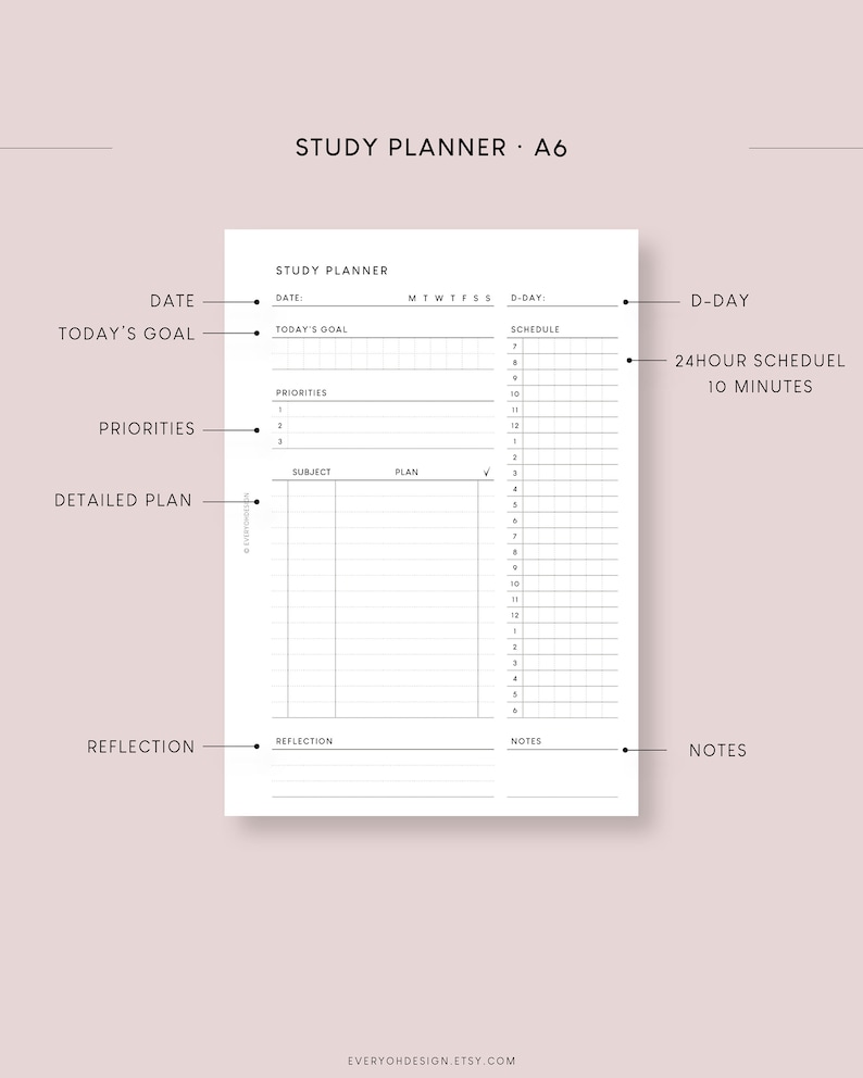 Student Study Planner A6 Printable Insert 24 Hour 10 Minutes Schedule ...