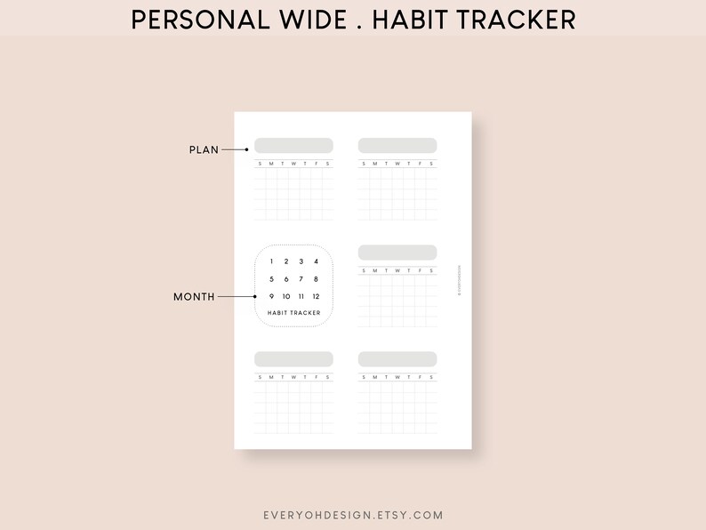 Habit Tracker Printable Personal Wide Inserts Blank Calendar Monthly Routine Planner Goal ...