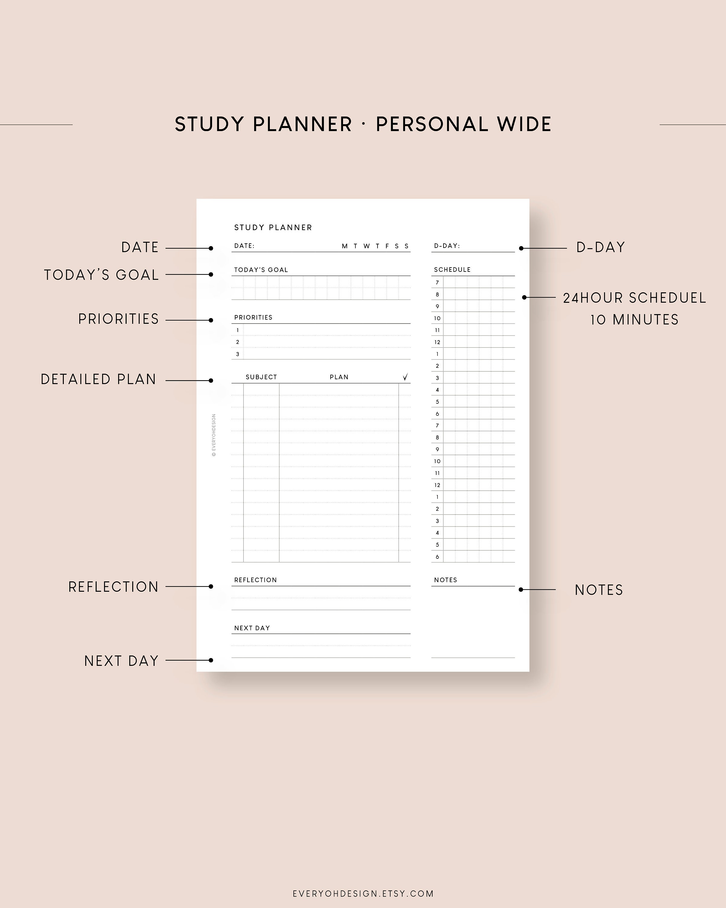 Study Planner Personal Wide Printable Insert Student - Etsy